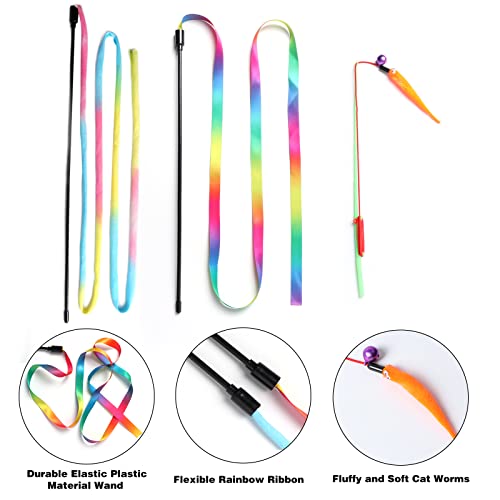 Yvnicll Interactive Cat Wand Toys, Interactive Cat Rainbow Wand Toys,Cat Wand Toy with Worms,Colorful Ribbon Charmer for Kitten (3 pcs)