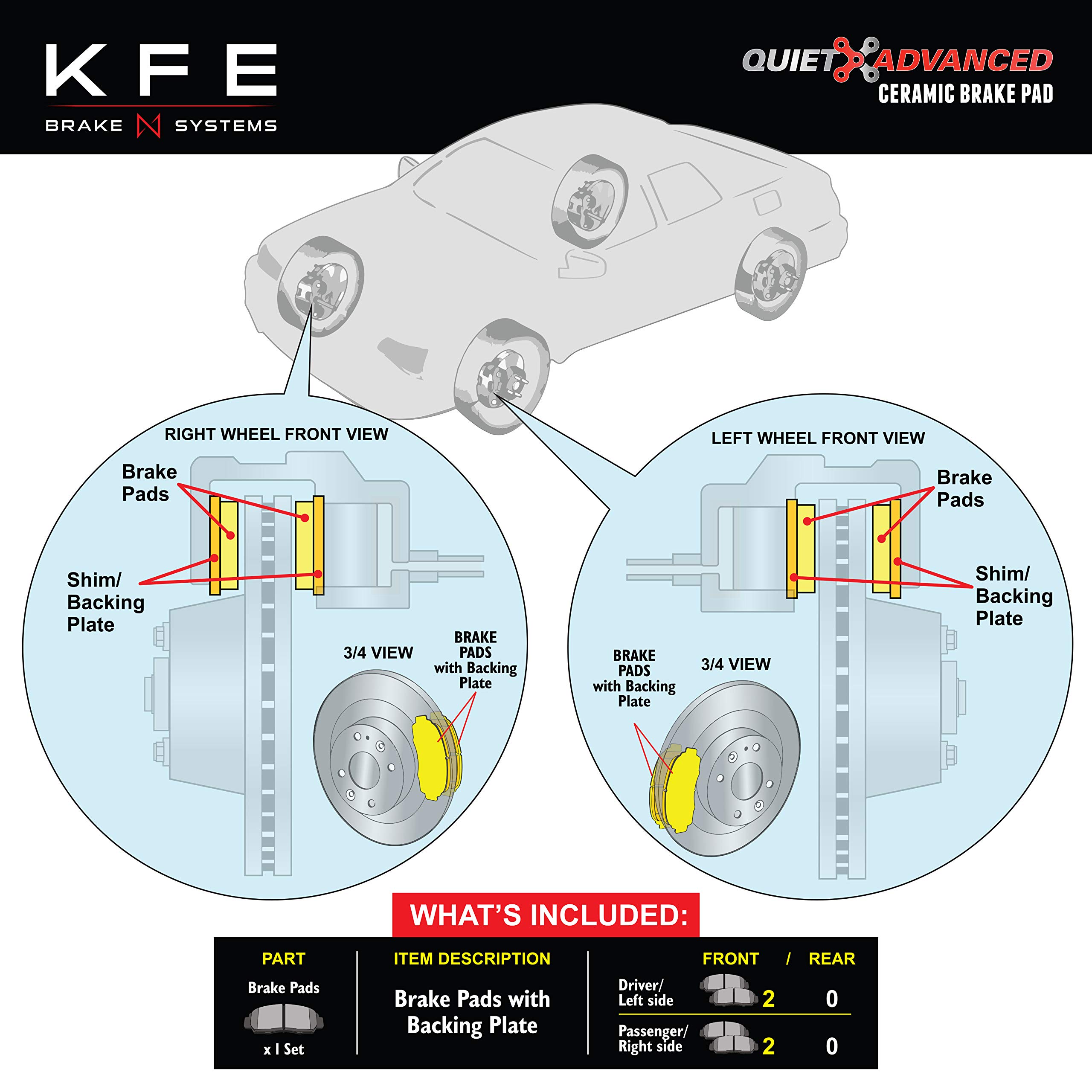 KFE KFE1653-104 Ultra Quiet Advanced Premium Ceramic Brake Pad FRONT Set Compatible With: 2013-2018 Ford Fusion; 2013-2018 Lincoln MKZ