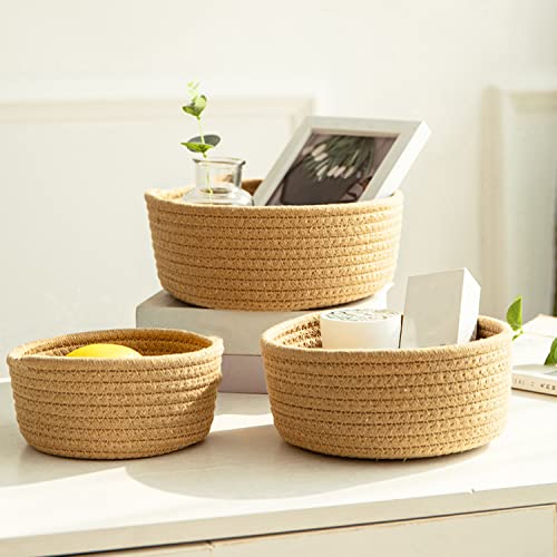 LYZOLICS Cotton Rope Basket, Woven Baskets for Storage, Storage Baskets for Shelves, Pack of 3, Baskets to Store Organize Household Items for Living Room Bedroom Play room (White)