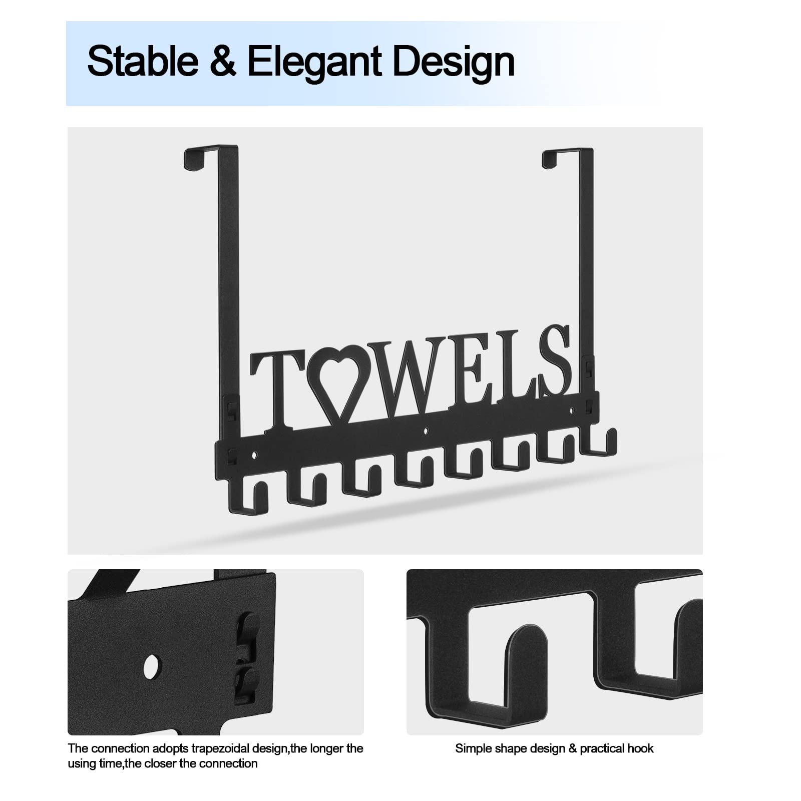Kruodop Over The Door Hooks,Towel Holder for Bathroom, Black Towel Rack Coat Rack, Wall Mount Door Towel Hooks for Bedroom Kitchen, Door Towel Hanger for Hanging Hat Clothes Bathrobe Bag