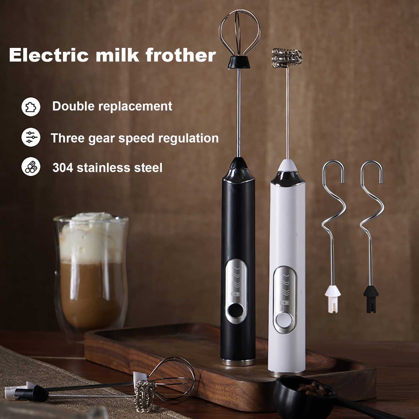 MOSHOU Electric Milk Frother Handheld, 3 Speeds Coffee Whisk Foam Maker with USB C Rechargeable, Whisk Drink Mixer for Lattes Frappe Matcha Hot Chocolate, Egg with 3 Mixer Heads (Black)