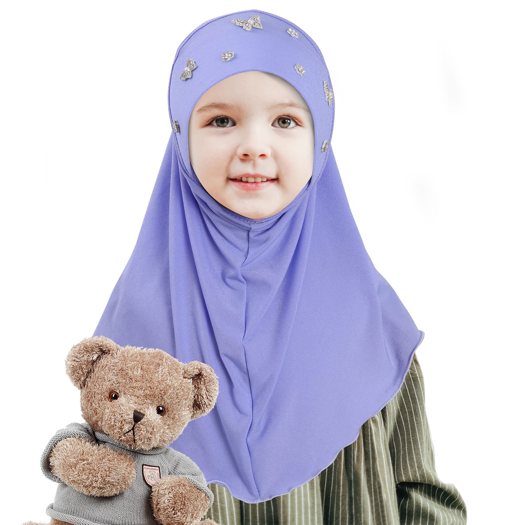 Little Girls Hijab Islamic Kids Hijab Headscarf Handmade Butterfly Rhinestone Muslim Hijab Cap for Girl (2-5year)