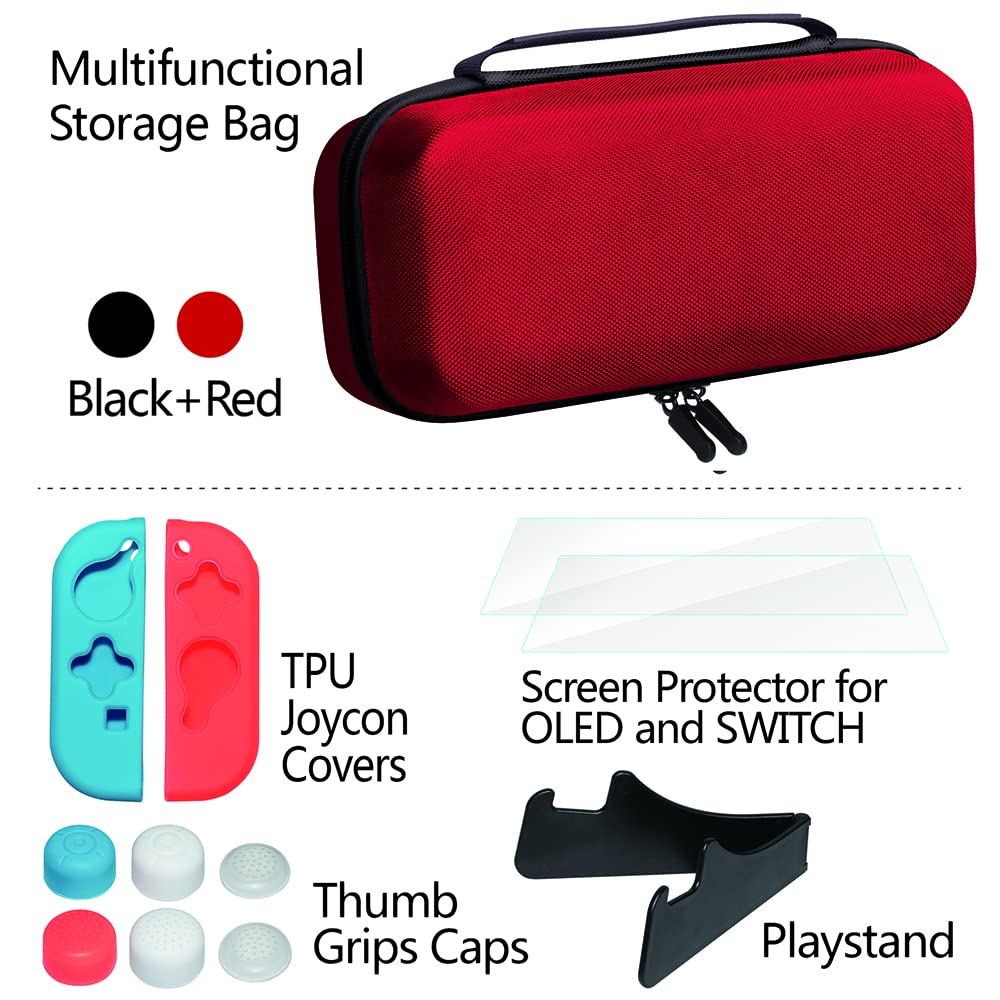 omrando Hard Carrying Case Compatible with Nintendo Switch (OLED model) and Nintendo Switch,with Playing Stand, Tempered Film for Switch and OLED,Switch Accessories (Black-Red)