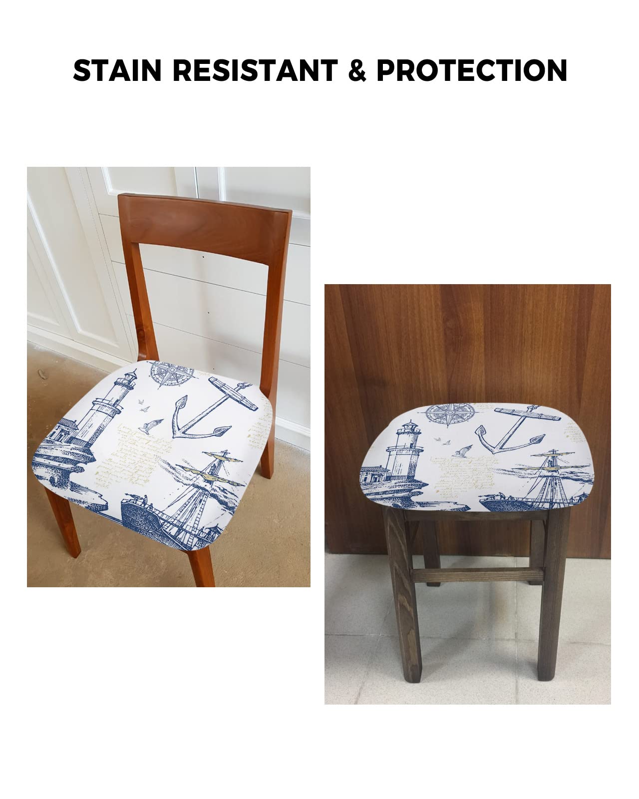 Ocean Nautical Seat Covers for Dining Chairs, Stretch Kitchen Chair Slipcovers, Retro Blue Sea Coastal Lighthouse Boat Dining Room Chair Covers Removable Office Chair Cover Protector Set of 2