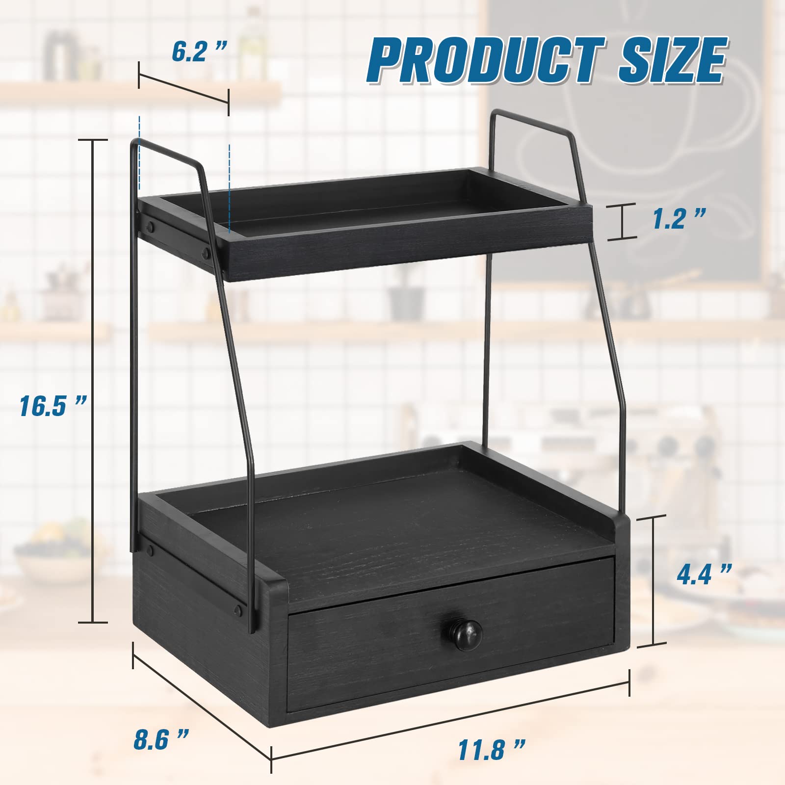 Rustic 2 Tier Coffee Bar Accessories Organizer Countertop, Coffee Station Organizer with Drawer, Coffee Pods Holder Condiment Organizer, Wood Countertop Shelf for Kitchen Spice Bathroom Organizer