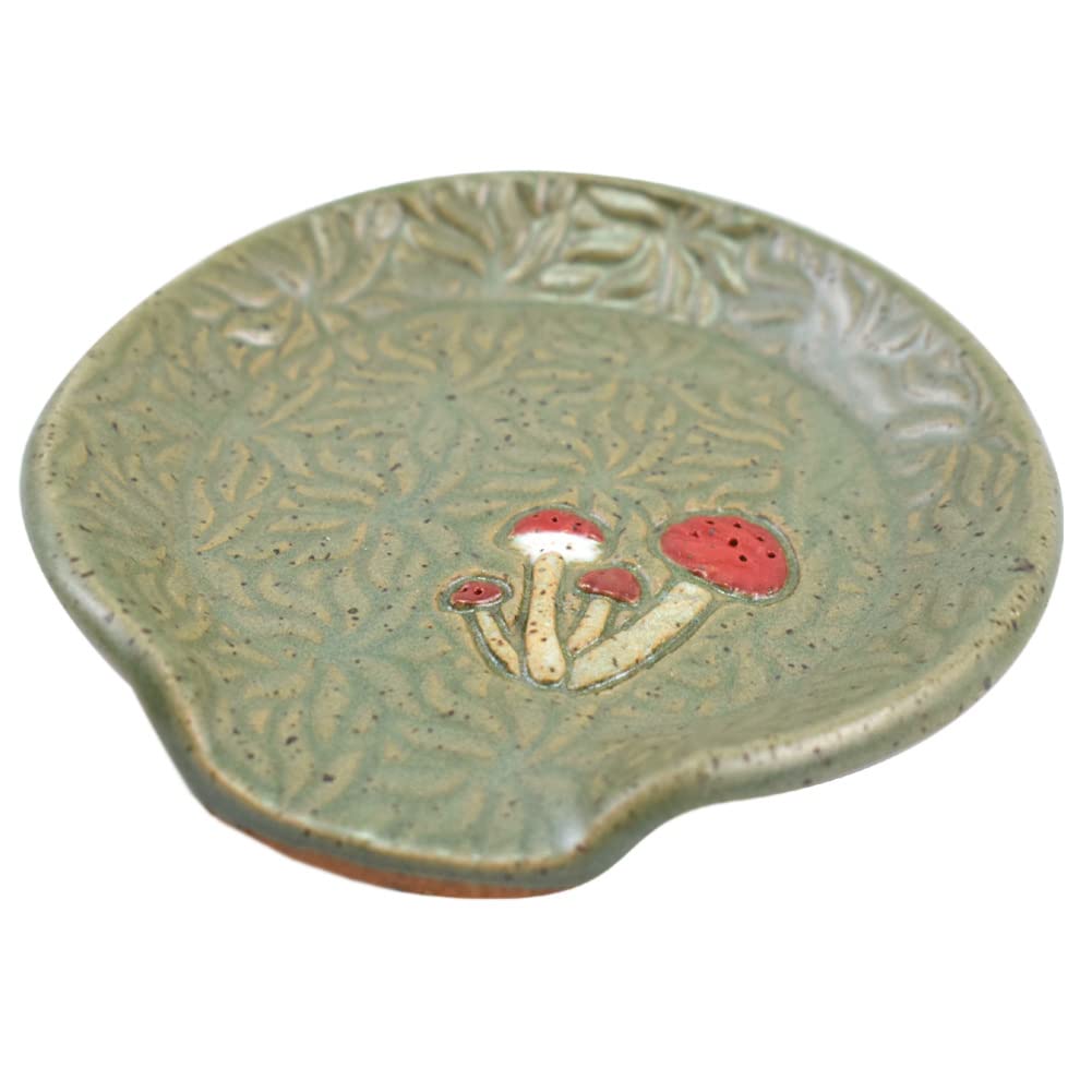 Retro Earthy Green Mushroom Spoon Rest, American Made Ceramic Stoneware