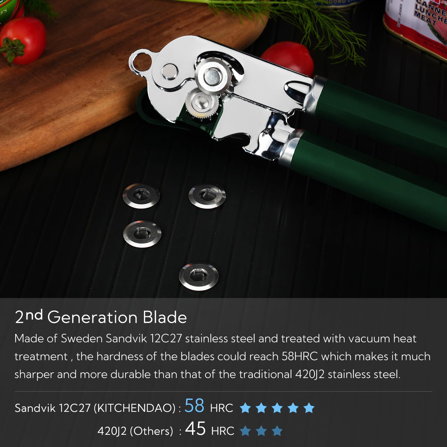 KITCHENDAO Manual Can Opener, Super Sharp Sandvik 12C27 Blade, Handheld Can Opener with Magnet, Smooth Edge Cut, Soft Grip, Oversized Knob for Seniors & Arthritis, Easy to Use, Green