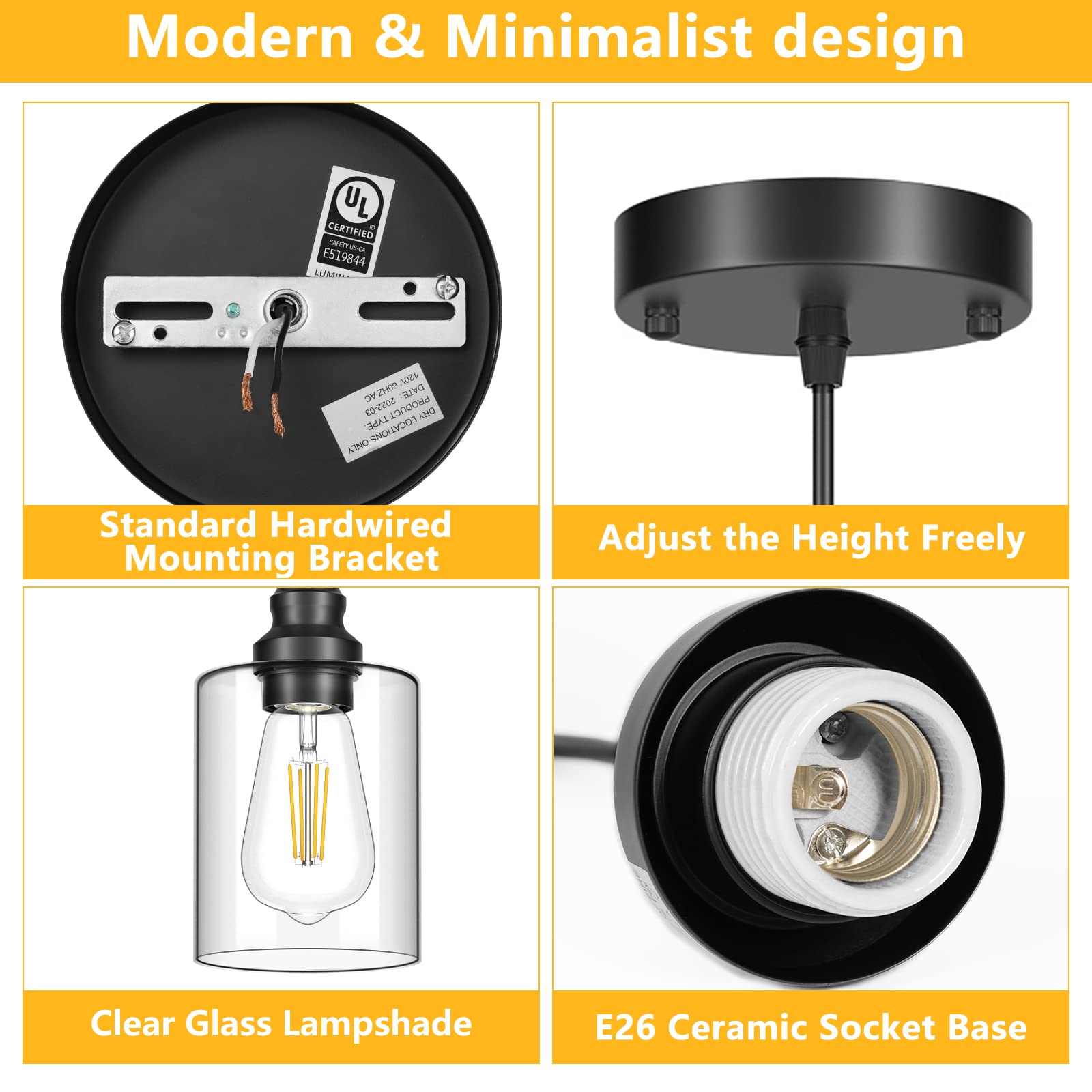 Licperron 3 Pack Hanging Pendant Lighting Fixtures, Adjustable Black Hanging Ceiling Lamp with Clear Glass Shade, Modern Pendant Light for Kitchen Island, Dining Room, Bedroom, Hallway