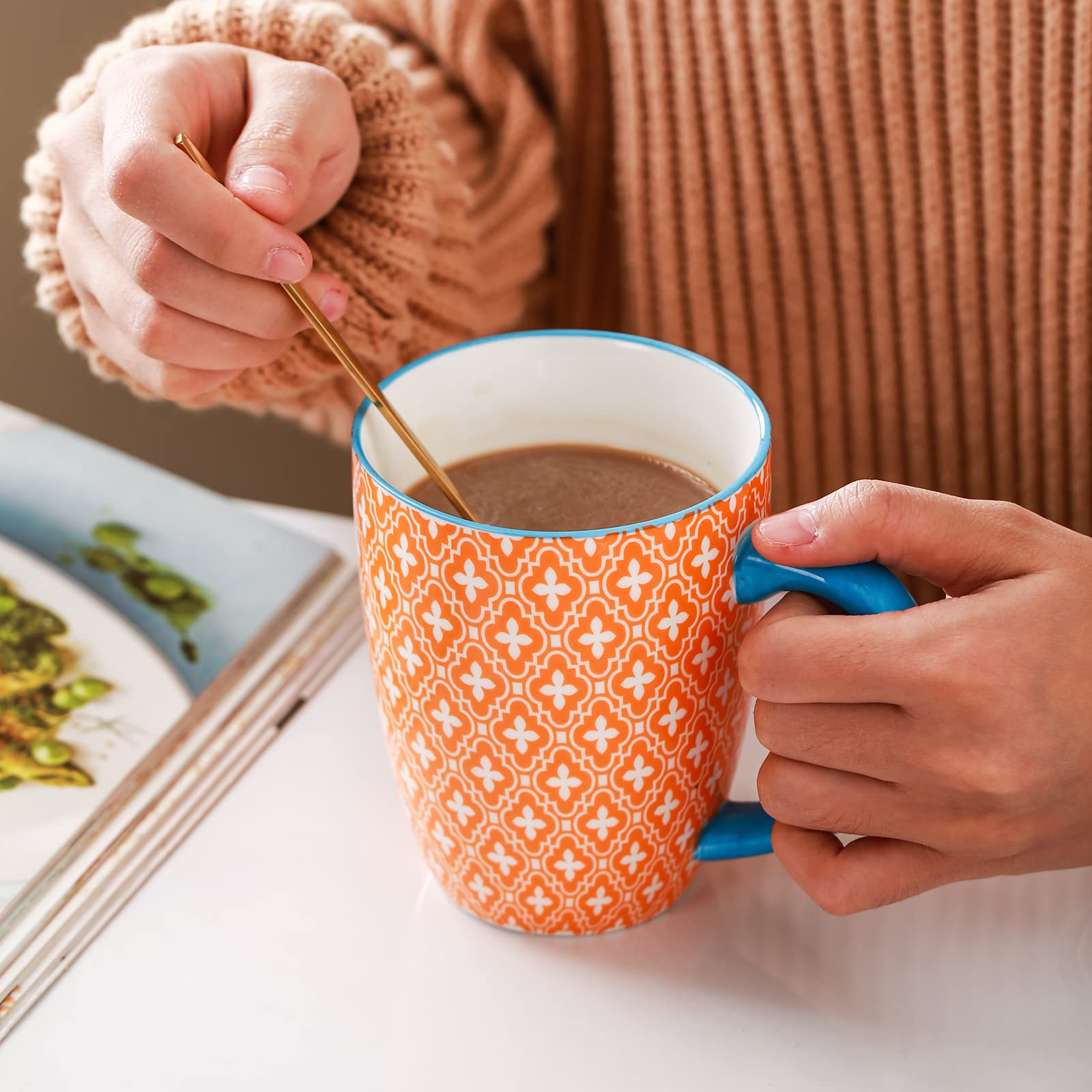 KitchenTour Ceramic Coffee Mug 11.6oz - Set of 6 - Coloful Restaurant Mugs - Cup set for Coffee, Tea, Cappuccino, Cocoa - Bohemia style
