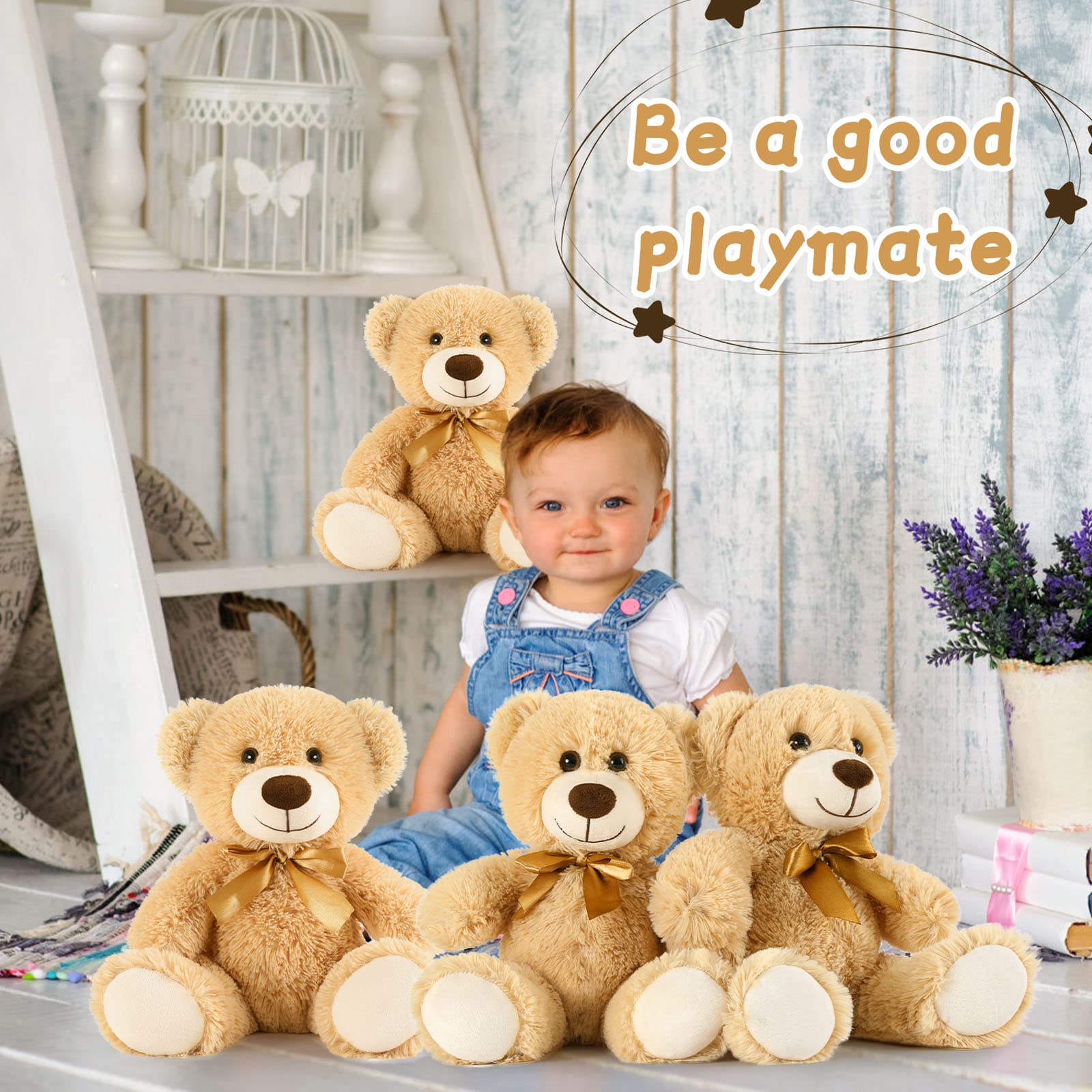 MaoGoLan Toys Studio 3-Pack Bulk Teddy Bear - 3 Colors Cute Stuffed Animals with Bow Ties Plush Toys, 10 Inch (White Brown Dark Brown)