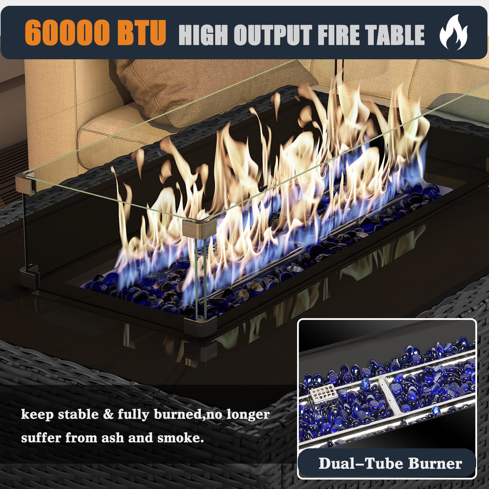 KHOLH 8 Pieces Patio Furniture Conversation Sofa Set with 44" Propane Gas Fire Pit Table, Outdoor Sectional Black Rattan Wicker Sofa Set