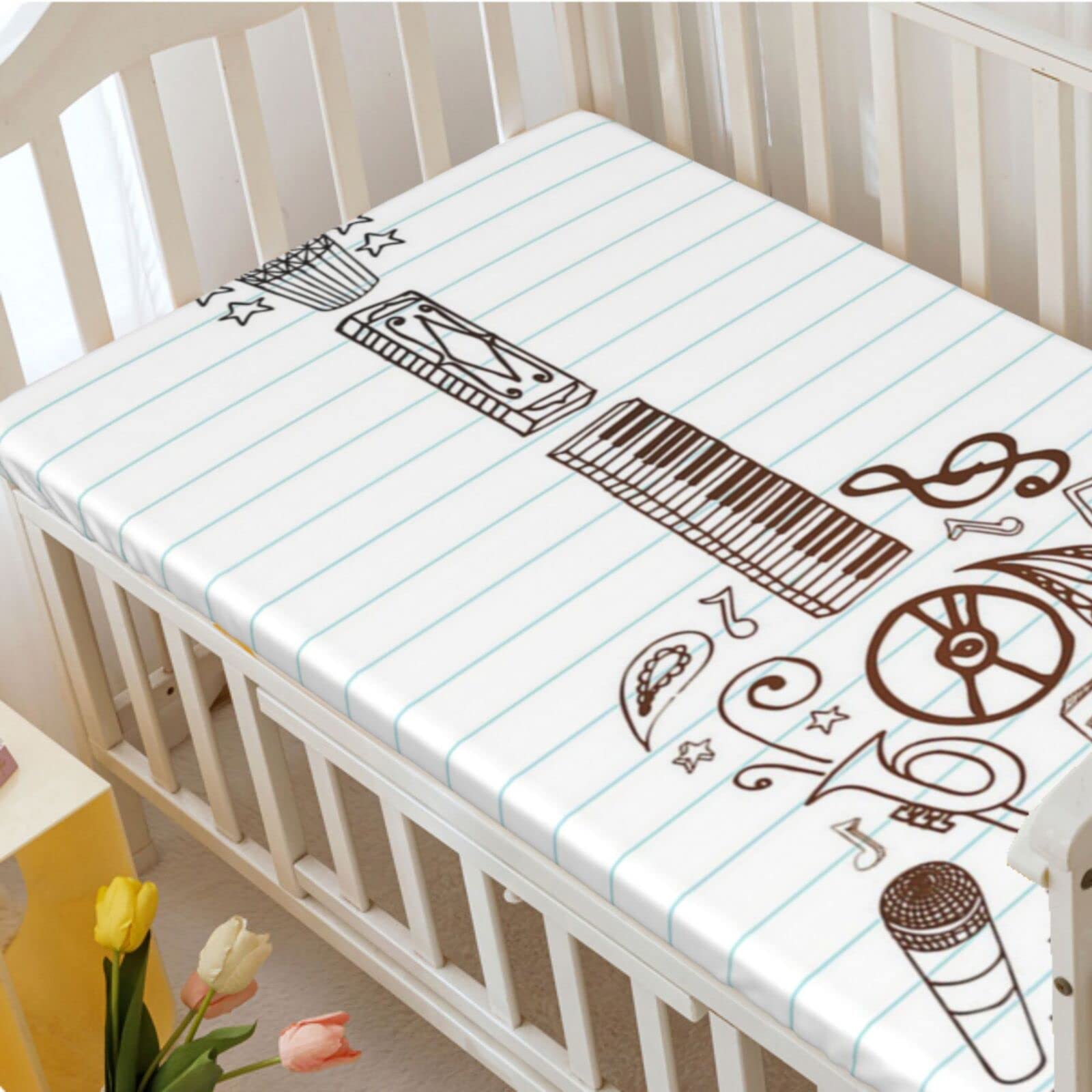 Music Themed Fitted Crib Sheet,Standard Crib Mattress Fitted Sheet Ultra Soft Material-Baby Crib Sheets for Girl or Boy,28β x52β,White Chocolate Baby Blue
