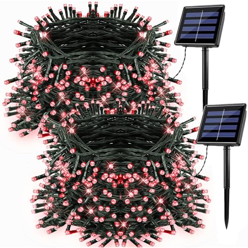 MAOKOT 2 Pack Solar Christmas Decorations Lights, 72ft 200 LED Solar Fairy Lights Outdoor Waterproof,Red Solar String Lights for Christmas Patio Tree Party Christmas Decorations