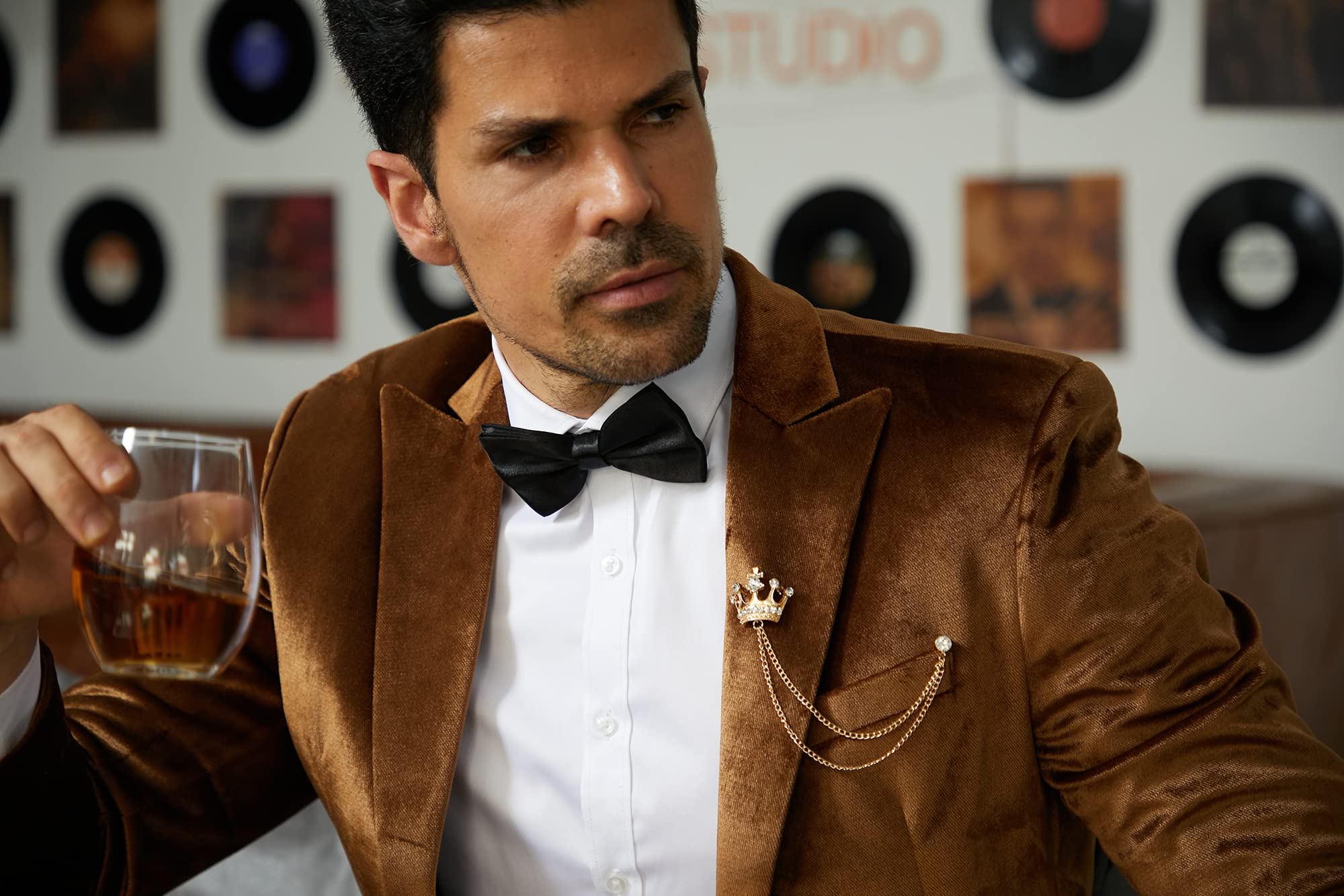 MAGE MALE Men's 2 Piece Velvet Suit One Button Tuxedo Slim Fit Luxurious Blazer Party Dinner Jacket & Pants Brown