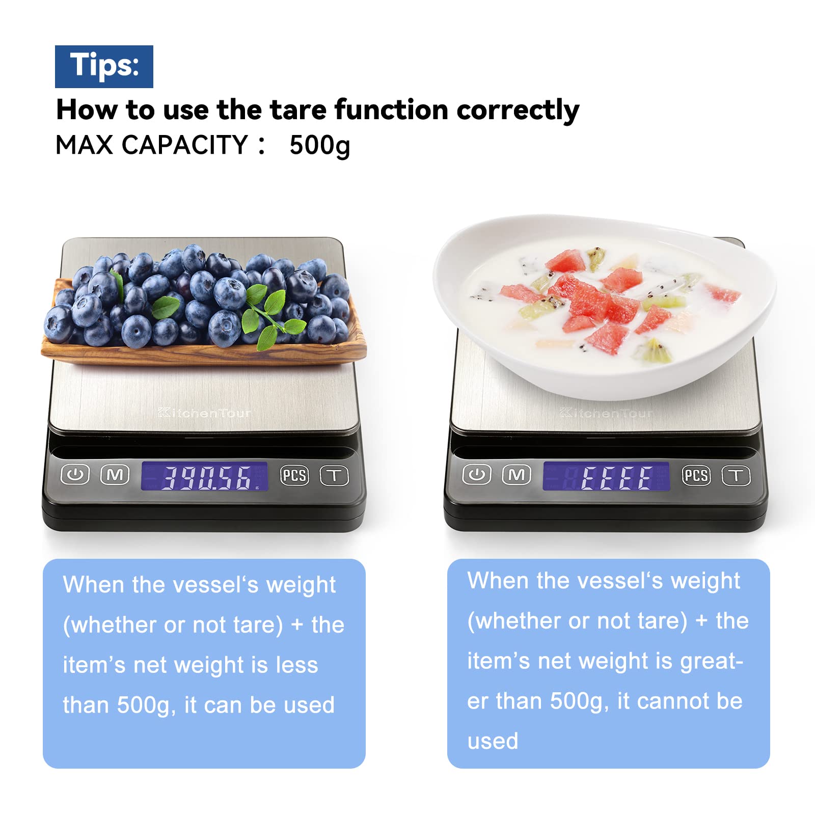 KitchenTour Digital Kitchen Scale - 3000g/0.1g High Accuracy Precision Multifunction Food Meat Scale with Back-Lit LCD Display(Batteries Included)