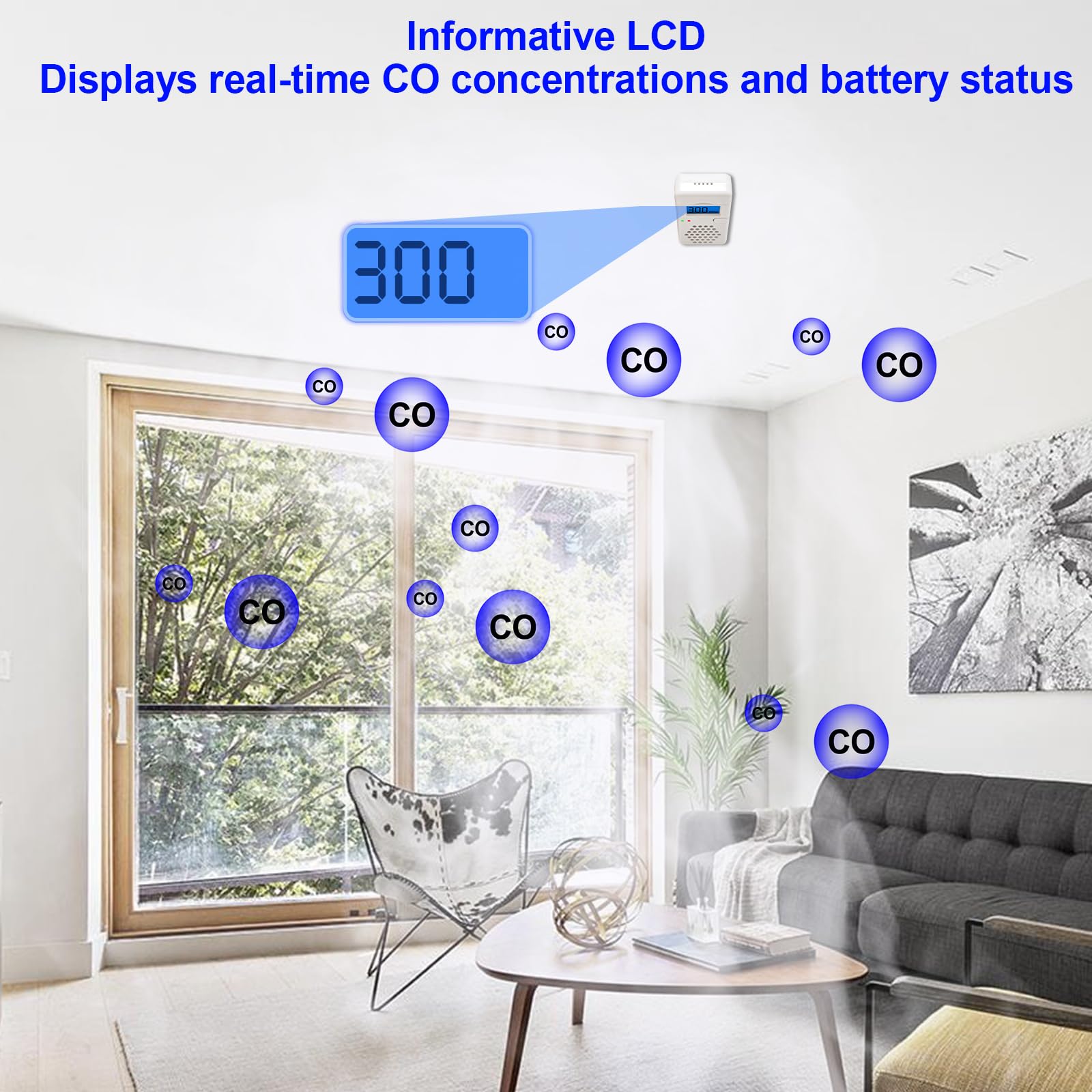 Mini Carbon Monoxide Detector Alarm with Digital LCD Display, CO Detector Alarm with Replaceable Battery,Test-Reset Button, Low Battery Indicator, Portable,complies with UL2034(Batteries NOT Included)