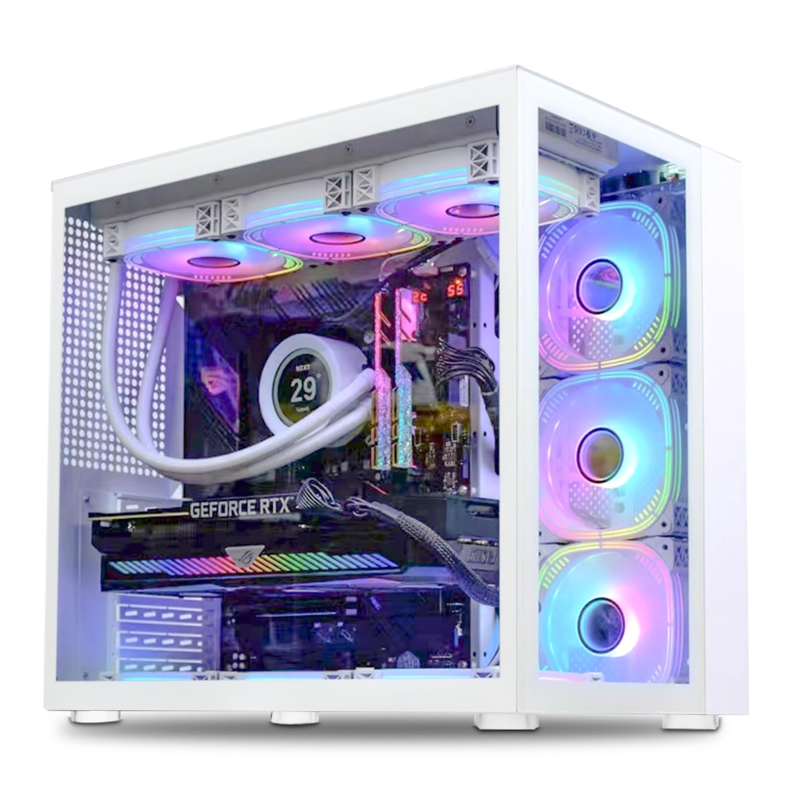 SZD S580 ATX Mid-Tower PC Case, Desktop Gaming Computer Chasssis, Front I/O USB Type-C Port, Dual Tempered Glass Panels, High-Airflow Perforated Top Panel, Water-Fan not Included (White)
