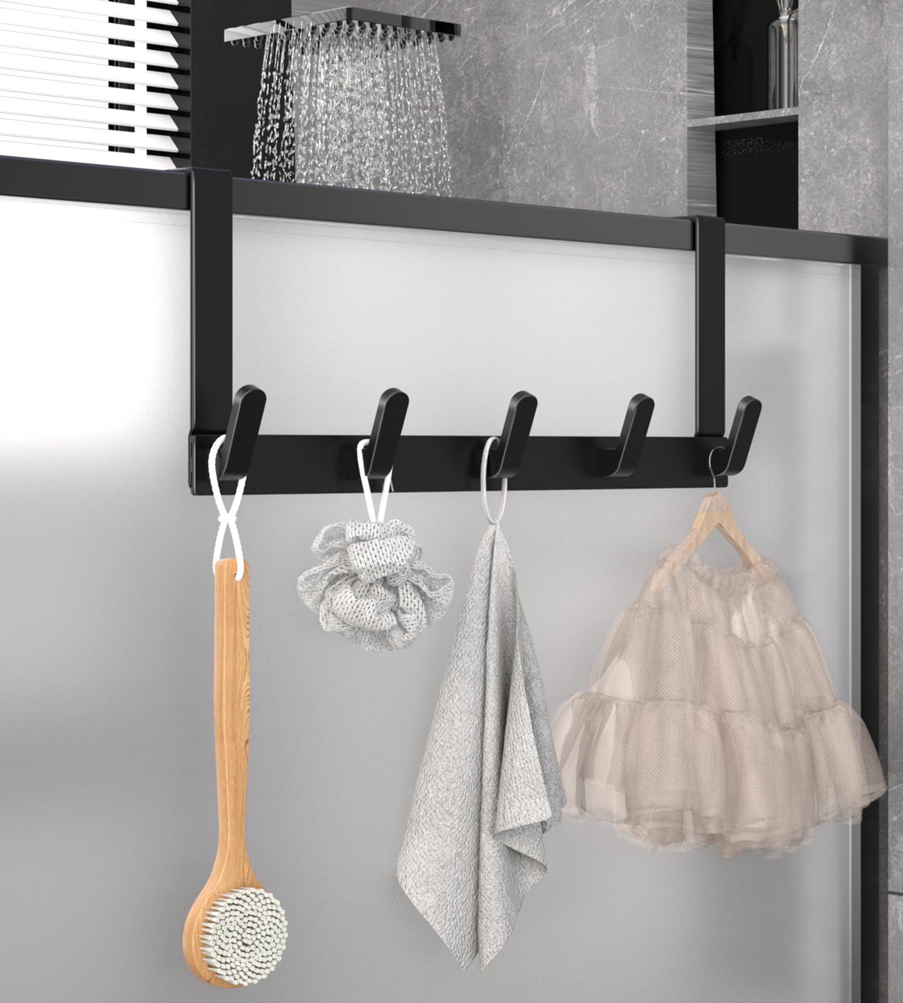 KitchLife Over The Door Hooks Hanger with Extended Arms for Easy Use by Women - Bathroom Accessories and Towel Rack Organization - 1 Pack, Matte Black