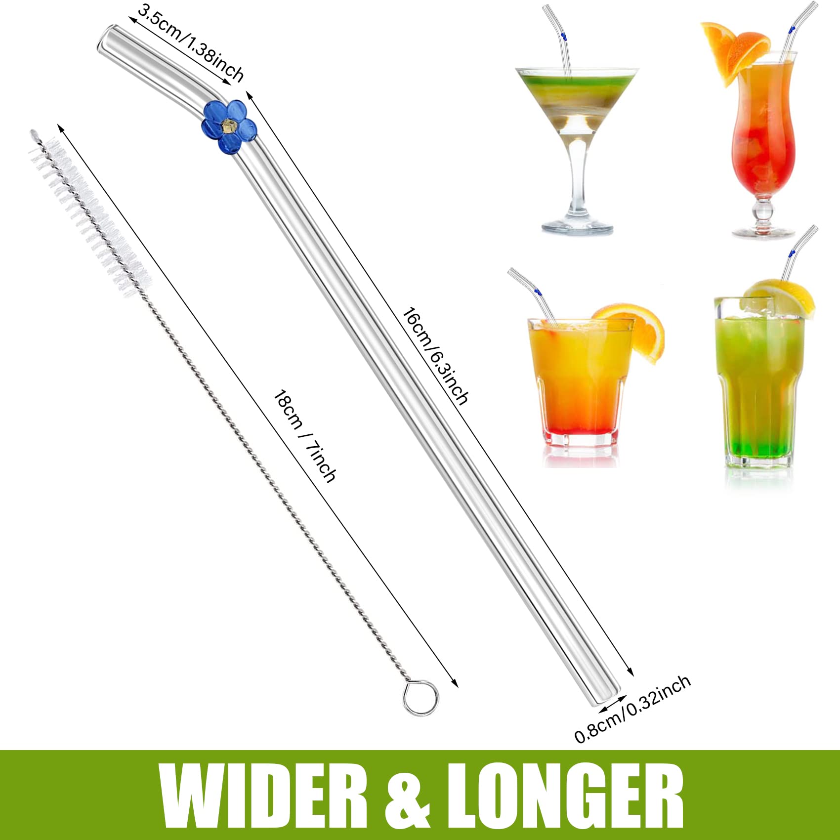 Reusable Glass Straw Shatter Resistant, Clear Glass Straws with Flowers, Cute Glass Straws for Smoothies and Normal Liquid Drinks, 6 Bent Straw with 2 Cleaner Brush