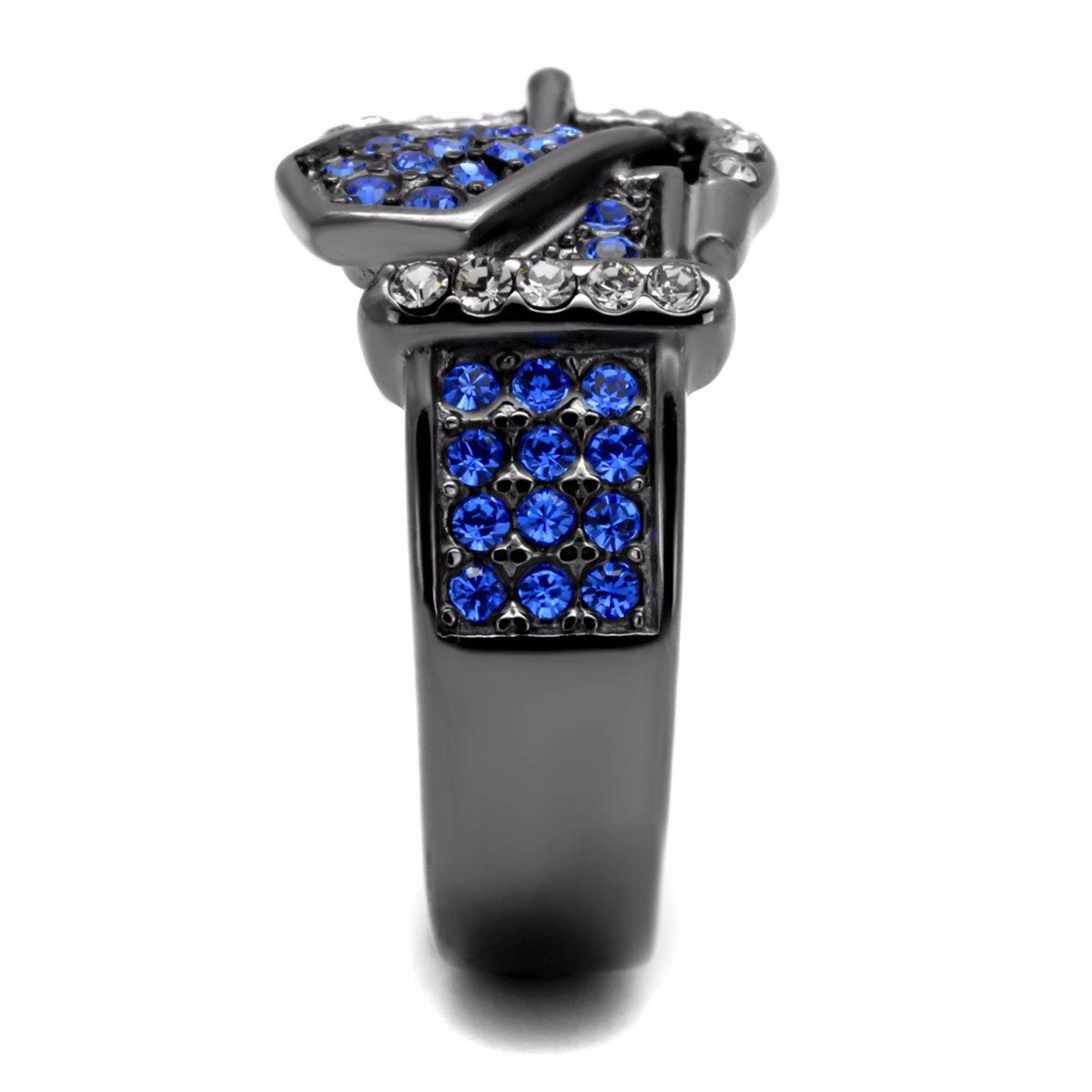 Lanyjewelry Royal Blue Multi Color Crystal IP Light Black Stainless Steel Belt Buckle Ring - Size 8
