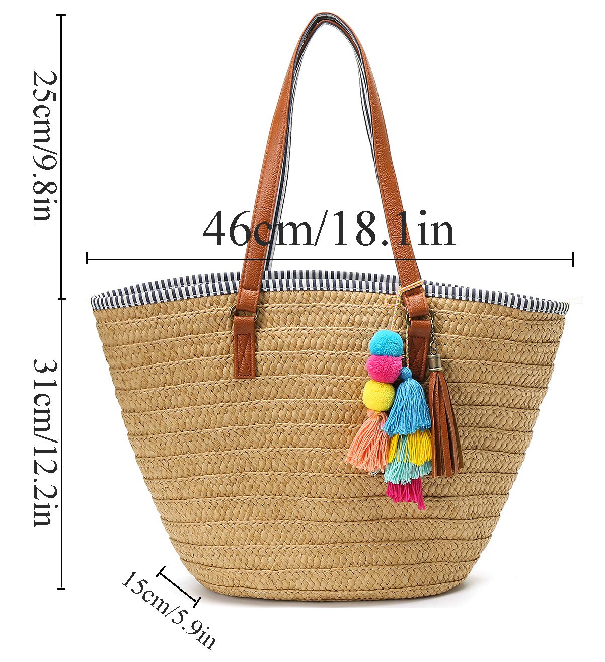 Molodo Straw Bag Round Summer Straw Large Woven Beach Bag Purse For Women Vocation Tote Handbags With Pom Poms