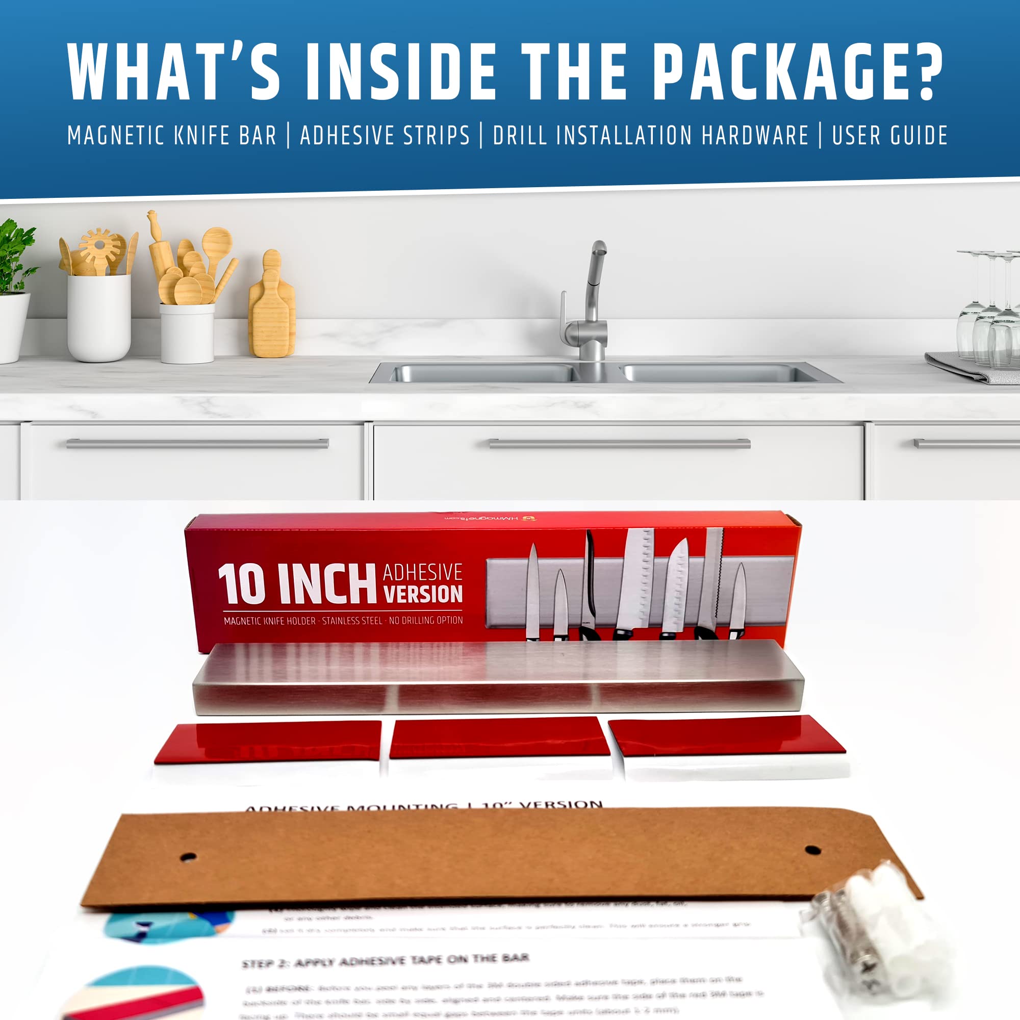 Strong Adhesive (No Drill) Magnetic Knife Holder for Wall - Professional 10 Inch Knife Strip - No Screws Needed - Adhesive Backing - Stainless Steel Knife Bar (Upgraded Version β Will Not Fall)