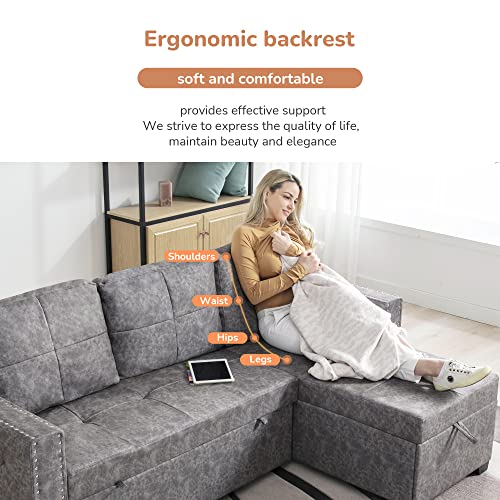 WOJ Life 84" Sectional L Shaped Sofa, Modern Modular Convertible Corner Couch, Two Seats Sofá Bed with 2 USB Chargers, Storage Chaise, Sleeper Independent Use as Coffee Table, Nail Headed, Gray