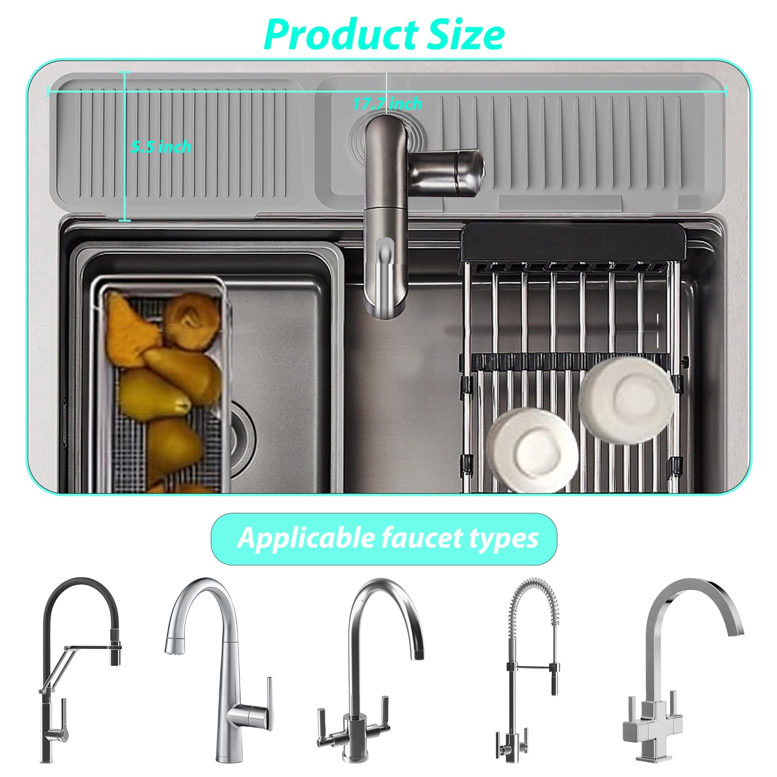 Silicone Kitchen Sink Splash Guard Faucet Mat (17.7" x 5.5"), 5° Slope Faucet Draining Mat, Faucet Handle Drip Catcher Tray Sink Drain Faucet Pad Behind Faucet for Kitchen & Bathroom Countertop