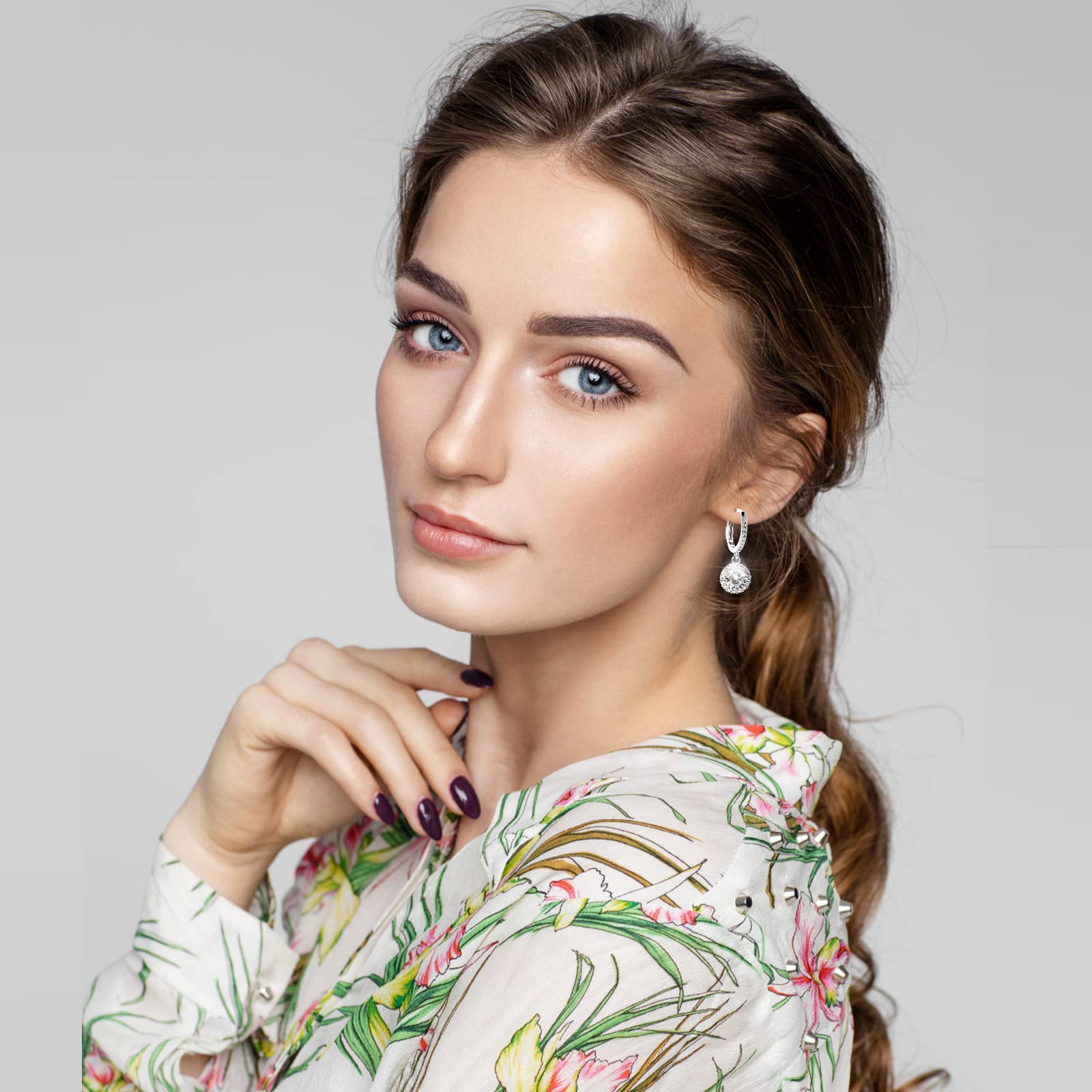 Oeudeufed Cubic Zirconia Hypoallergenic Earrings Women,Girls Rhinestone Cluster White Gold Plated Fashion Dangle Hoops Earring,Trendy Silver Diamonds Shiny Crystal Stud Sensitive Ears Wedding