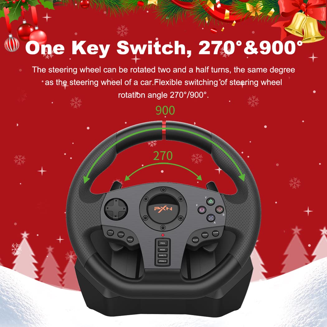 PXN V900 Gaming Steering Wheel - 270/900° PC Racing Wheel with Linear Pedalsm, Accelerator Brake, Left and Right Racing Shift Paddle Simulator for PC, PS3, PS4, Xbox One, Xbox Series X|S, Xmas Gift Box