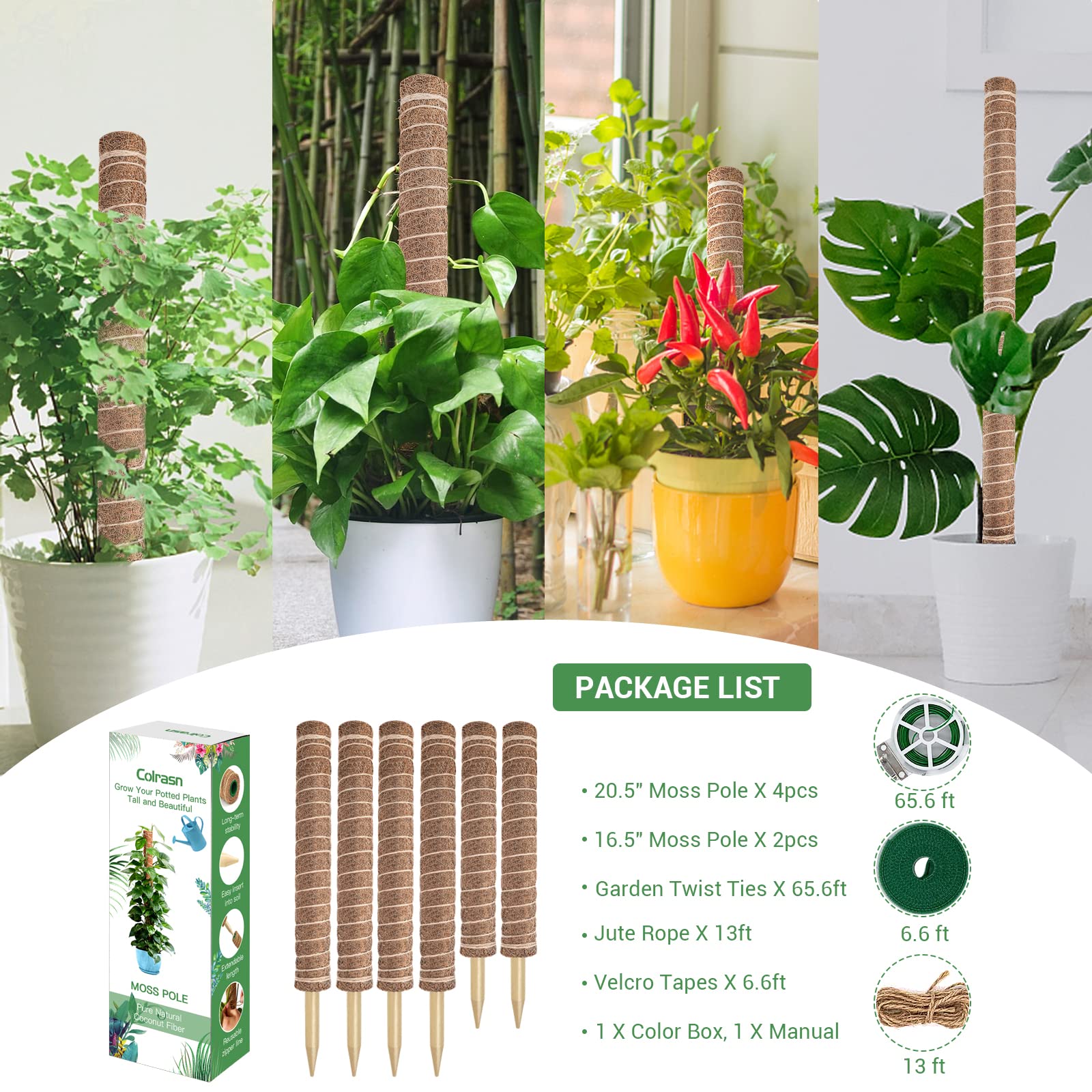 Moss Pole for Plants Monstera, 115 inch Moss Poles for Climbing Plants, 4 Pcs 20.5" and 2 Pcs 16.5" Coco Coir Pole for Indoor Potted Plants Grow Upwards, Moss Stick Totem Pole Plant Support
