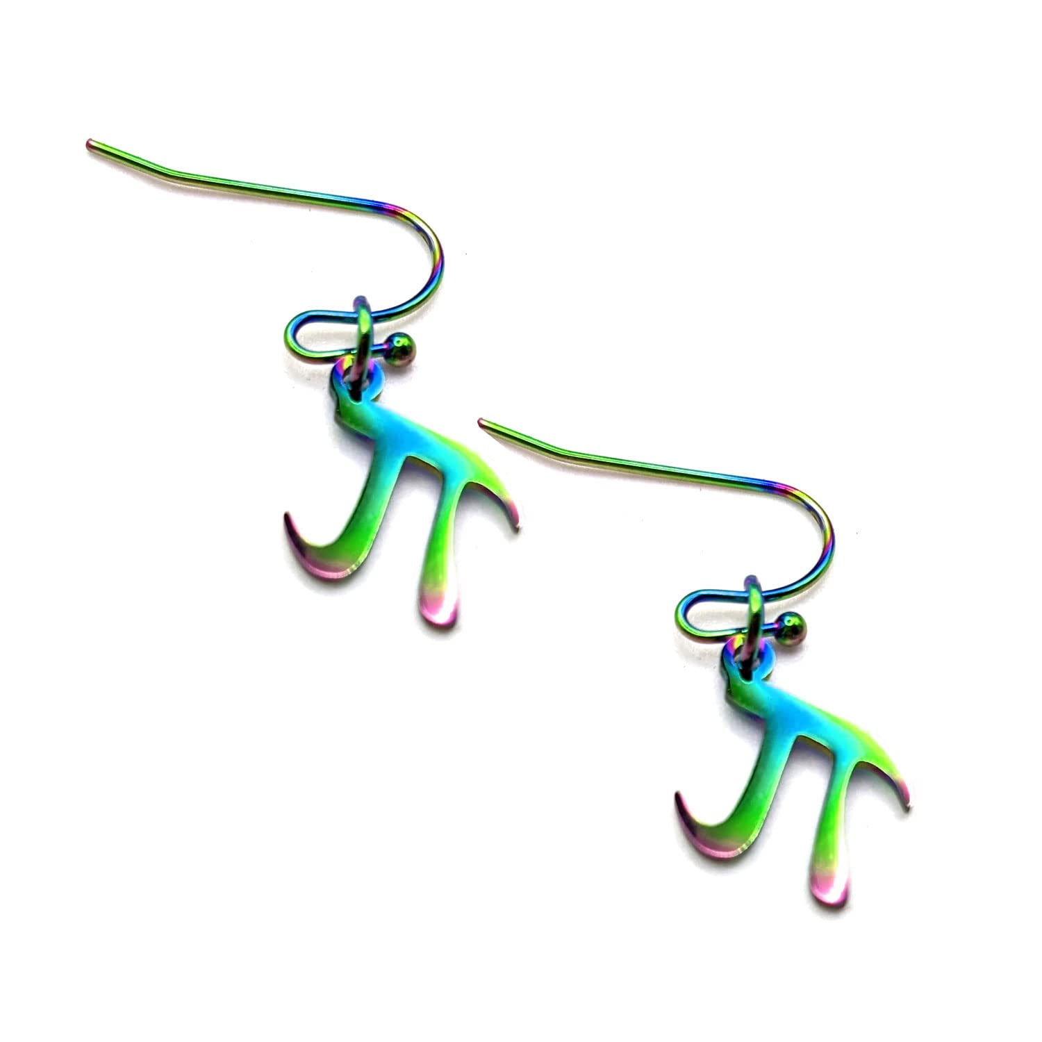 Rainbow-Effect Stainless Steel Pi Drop Earrings [Math Nerd/Geek Style]