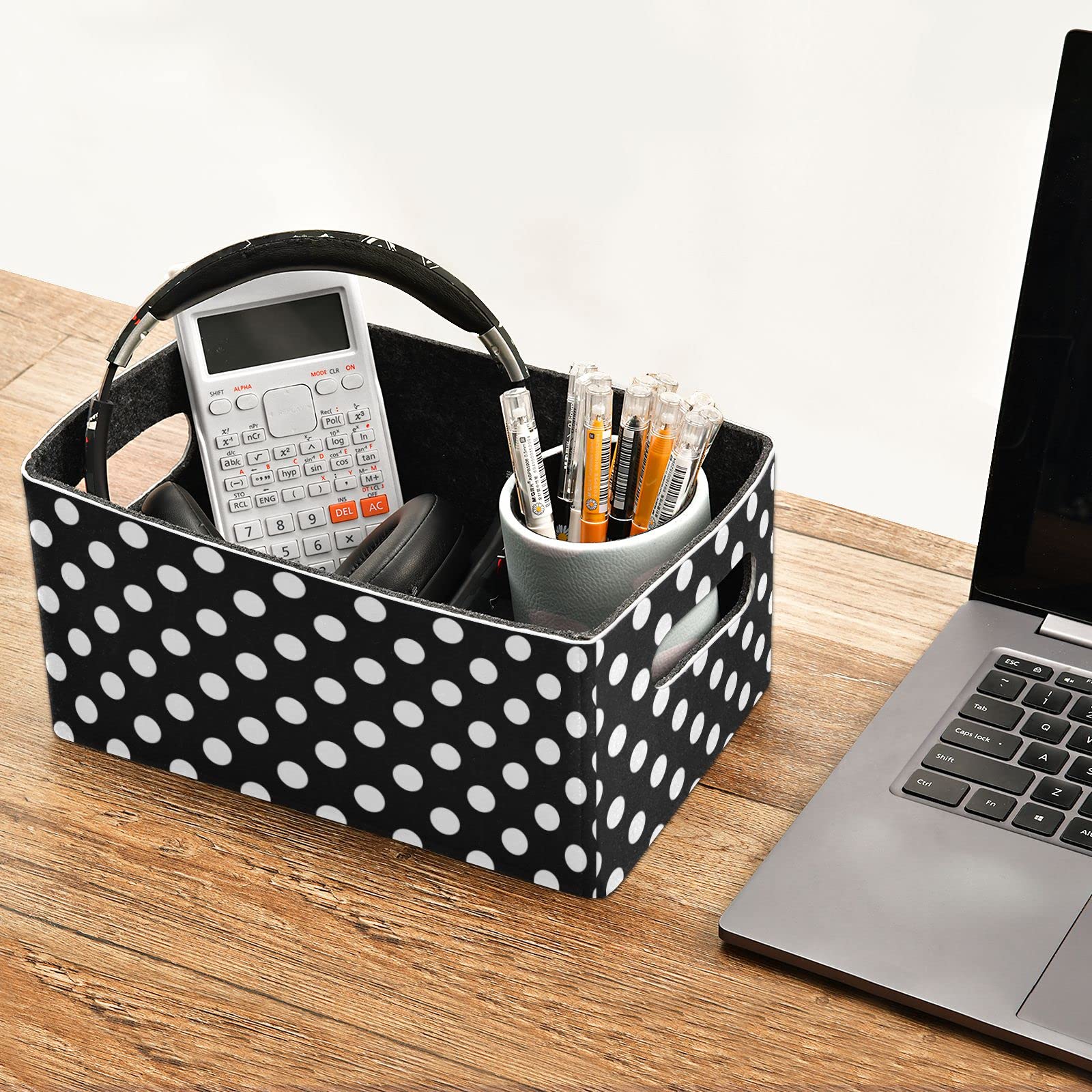 linqin Big Polka Dot Black White Collapsible Storage Bins Baskets, 2 Pack Foldable Felt Fabric Organizer Decorative Cube Box for Nursery Home Shelves Closet
