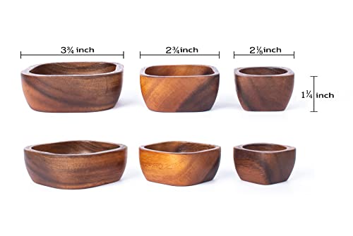 Tiny Acacia Wood Nesting Square Set 3 Serving Bowl 3¾”, 2¾”, 2⅛” Small 3 Wooden Spoon Mix size Stackable little Dish for Prep Salt Pepper Mustard Wasabi Dip sauce Salsa Nut Tableware Wooden Nest Bowl