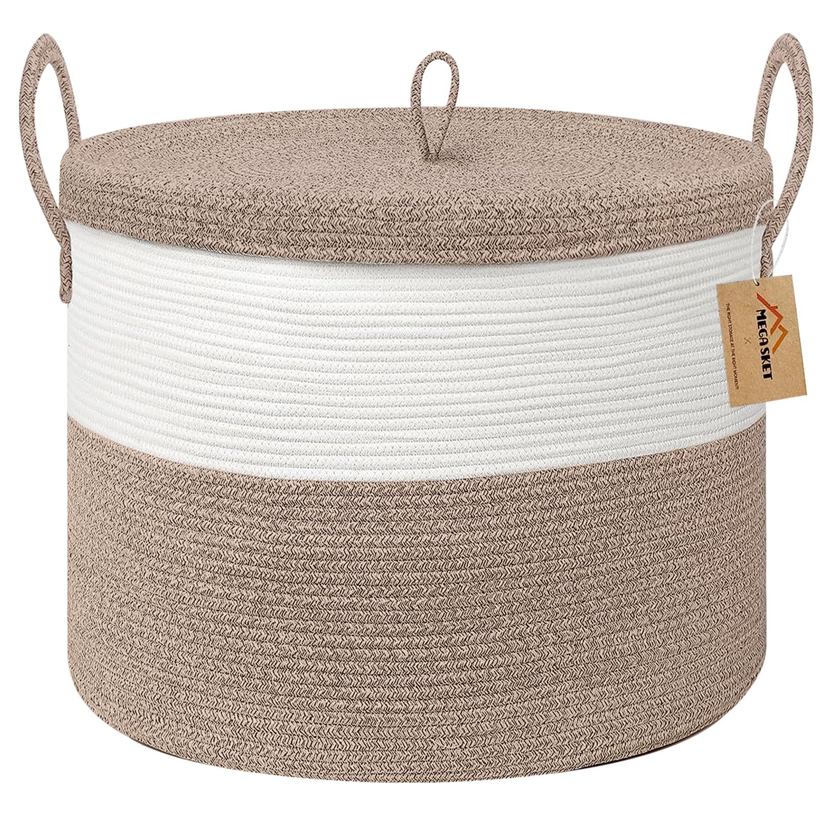 MEGASKET Large Basket with Lid, 20" x 20" x 15" Blanket Storage Basket for Living Room, Wicker Storage Basket with lid, Woven Cotton Rope Baskets for Storage, Big Throw Blankets Pillows Organizer Bins
