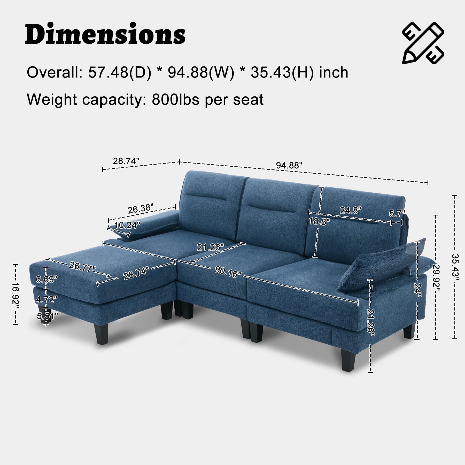 YAMOBO Sectional Sofa Couch, L-Shaped 3 Seat with 1 Movable Ottoman, Small Sectional Couches for Living Room, Apartment, Offices, Blue