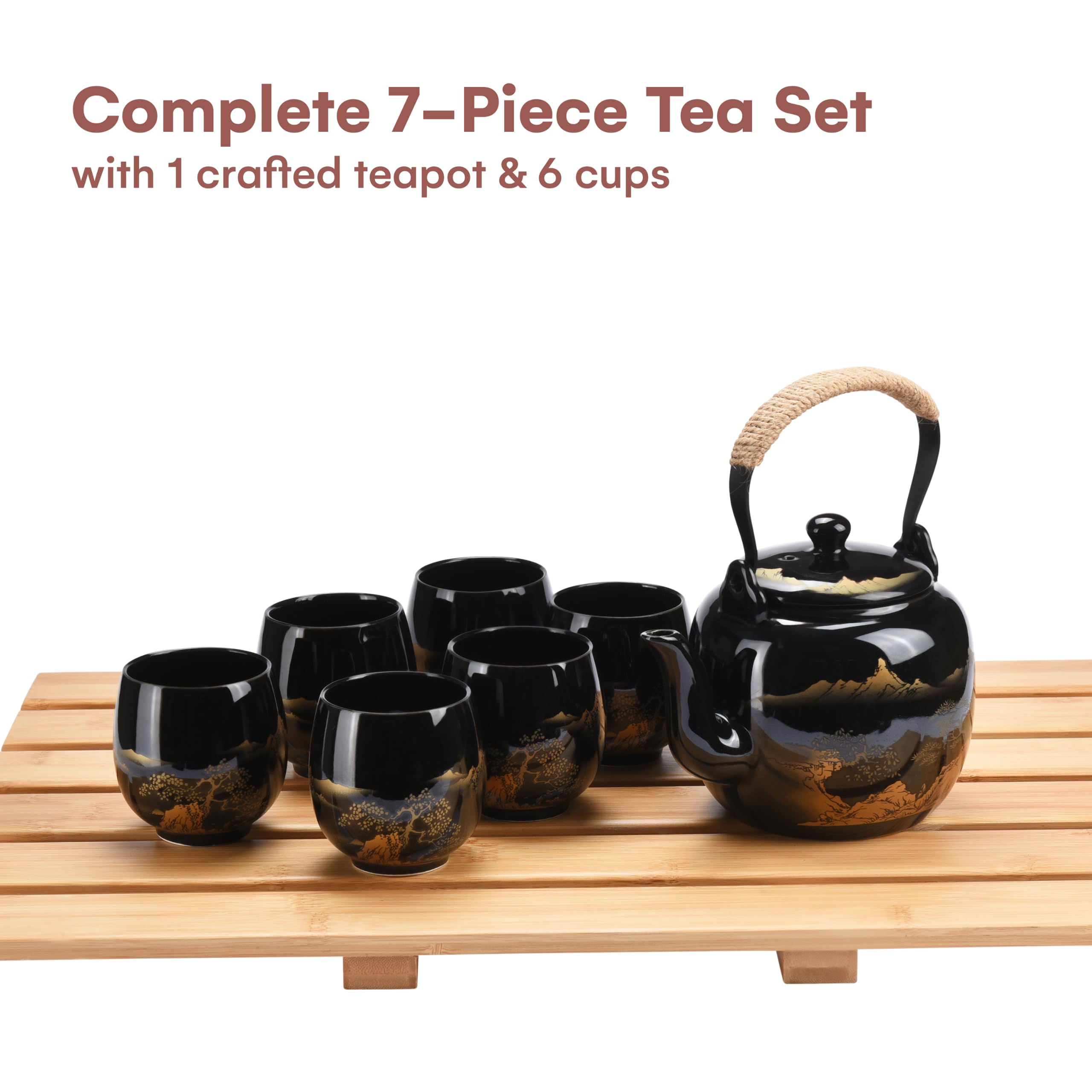 Kitchtic Japanese Porcelain Tea Set: Authentic Ceramic Teapot & Cups - Elegant Design for Tea Parties and Daily Use - Microwave & Dishwasher Safe - Ideal Gift for Tea Enthusiasts - 7 Pcs - Black