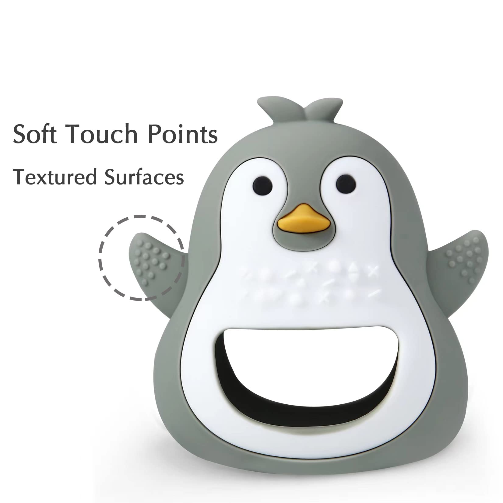 PandaEar Penguin Silicone Baby Teething Toys 6-36month| Never Drop Baby Chew Toys for Sucking Needs| Hand Teether Mitten for Breast Feeding Babies Infants Newborn (Grey)