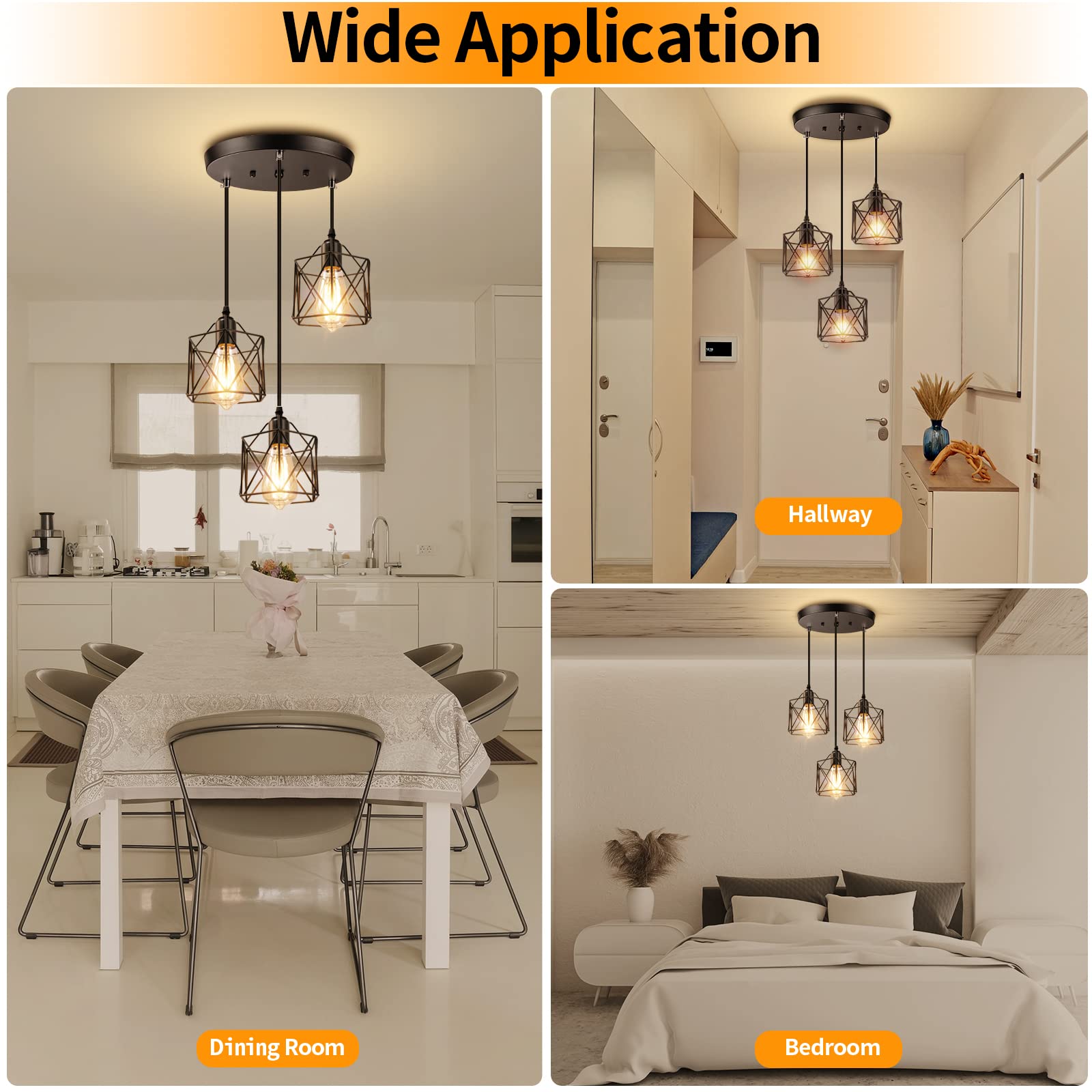 Licperron Industrial 3-Light Pendant Light, Adjustable Kitchen Hanging Ceiling Light Fixtures with Metal Cage, Black Farmhouse Pendant Lighting for Kitchen Island Dining Room Hallway, E26 Base