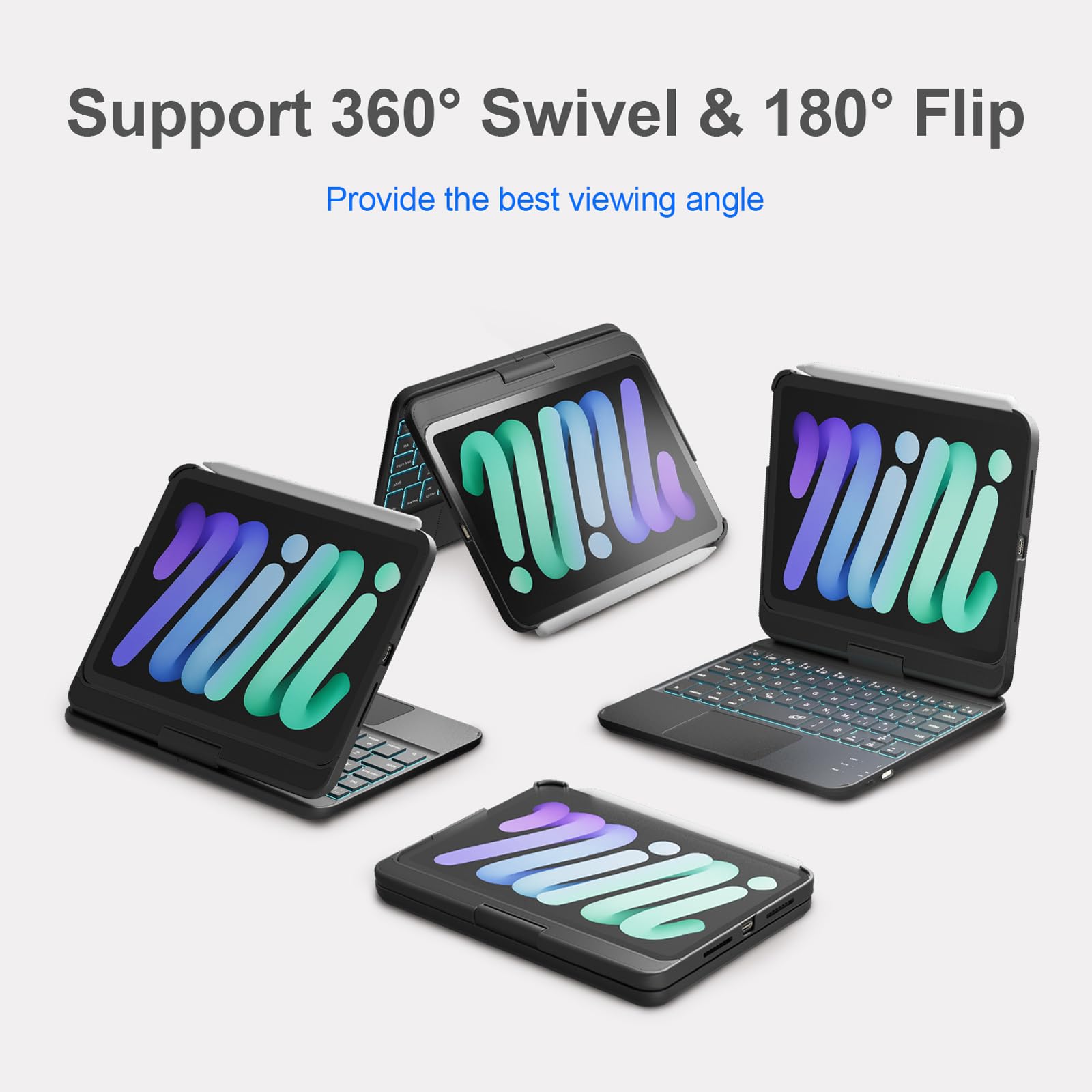 Touch iPad Mini 6 Keyboard Case 8.3-inch 2021, 360 Swivel, Touchpad 7 Colors Wireless Backlit Keyboard for iPad Mini 6th Generation, Slim Folio Protective Cover (Black)