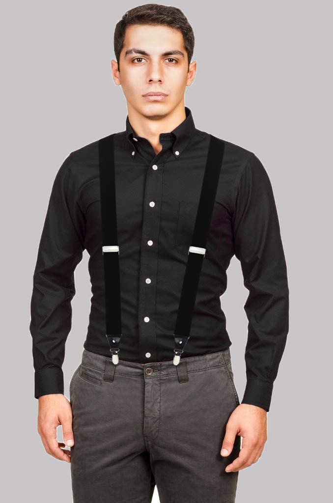Moulen Men's Y-Back 1.4 Inches Wide 4-Clips Adjustable Suspenders, Black