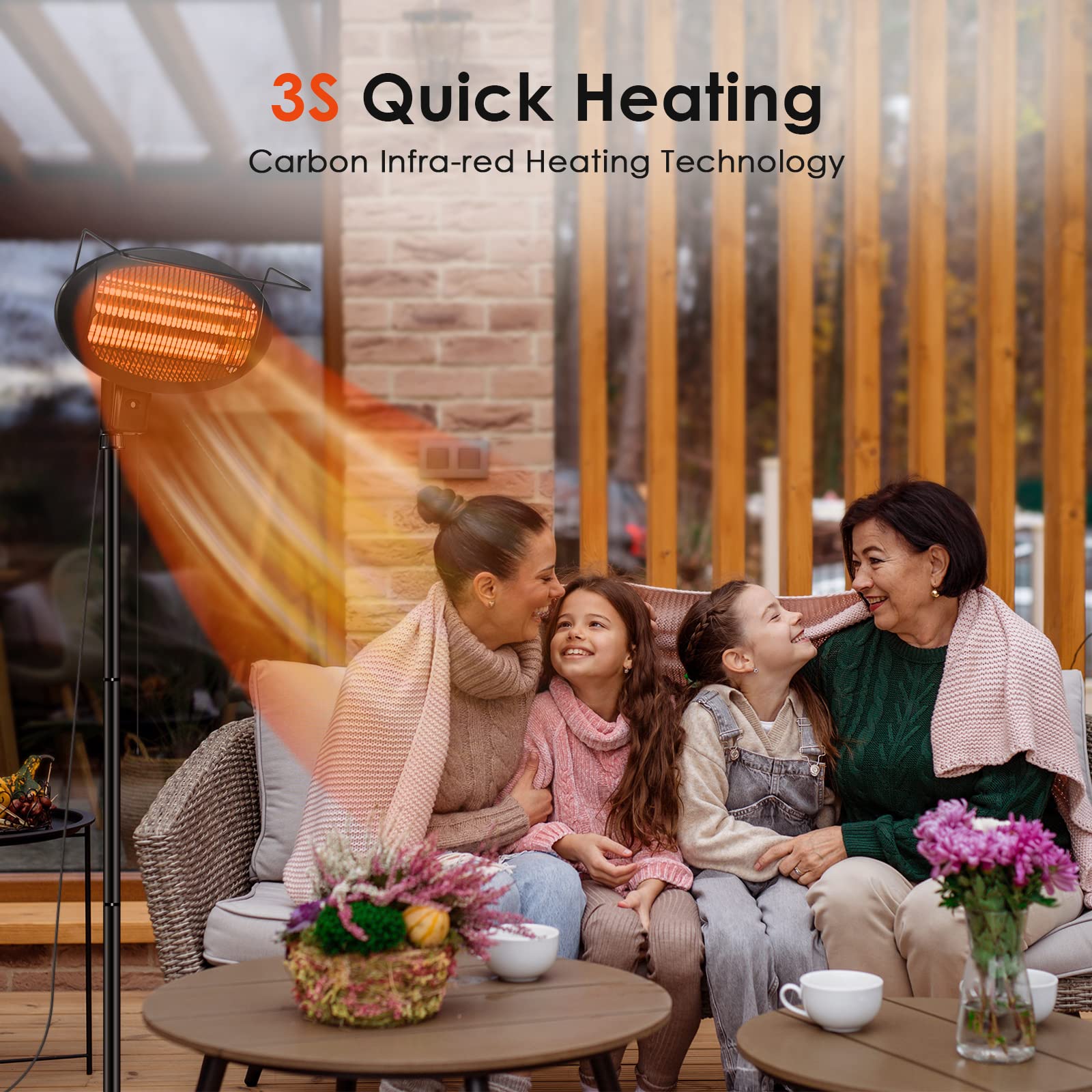 TRUSTECH Patio Heater - Outdoor Heater with 3 Ajustable Heating Modes of 500/1000/1500W, 3s Rapid Heating & Waterproof IP34 Outdoor Patio Heater with Tip-Over Protection, Balcony, Backyard, Garage use