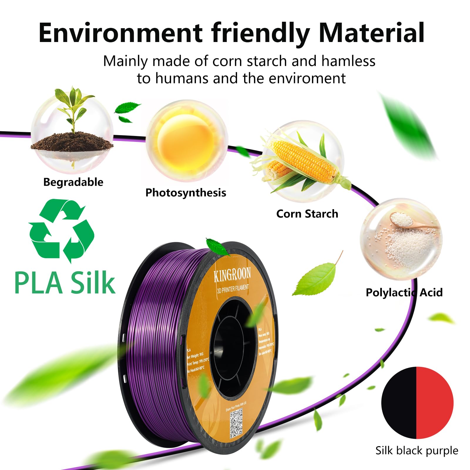 Kingroon PLA 3D Printer Filament, Dual Color Silk PLA Filament, Dimensional Accuracy +/- 0.03 mm, 1kg Spool(2.2lbs), 1.75 mm, Black Purple