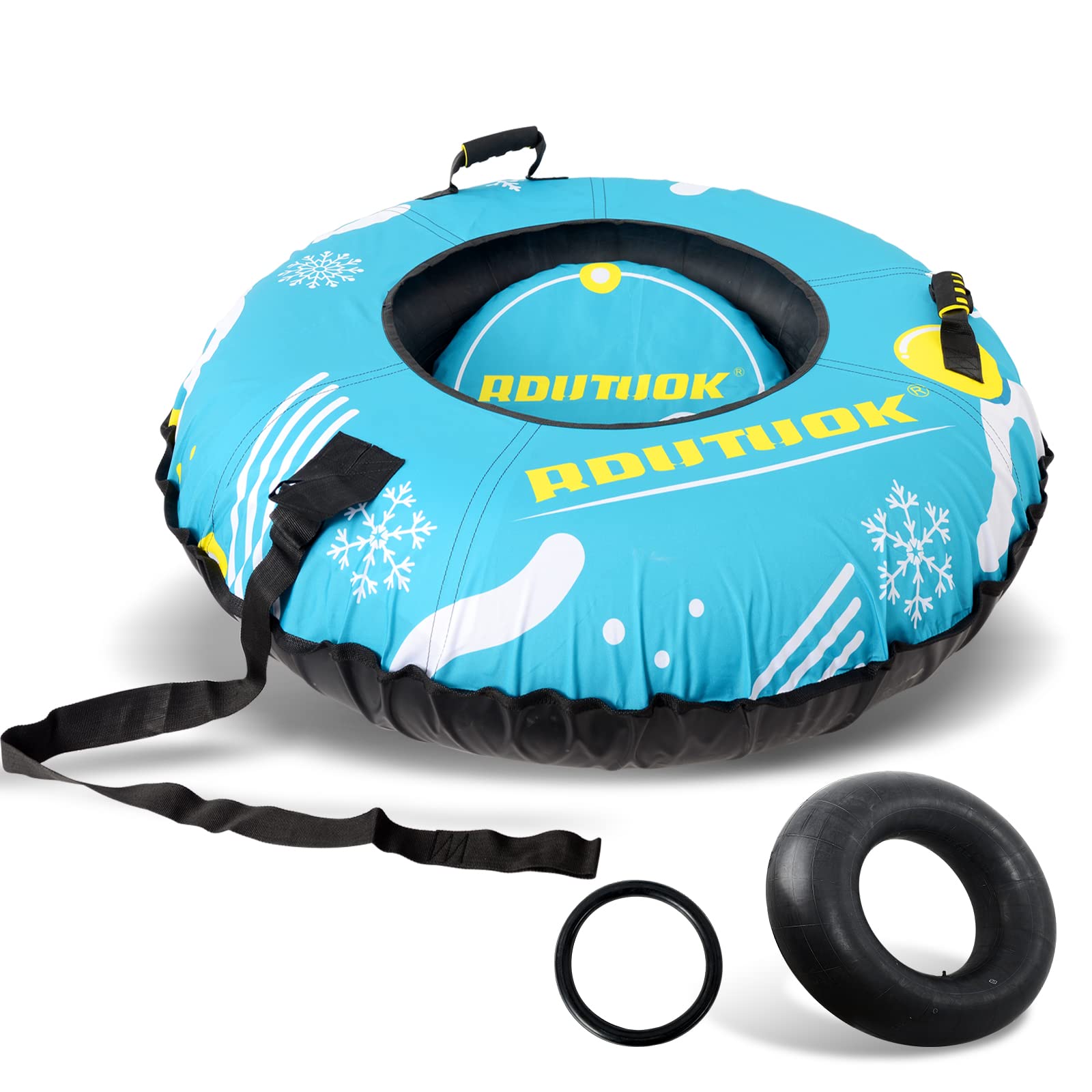 Rdutuok 47 Inch Inflatable Heavy Duty Snow Tube with Premium Canvas Cover and Nylon Tow Strap Safety Cushion Snow Tubes for Sledding
