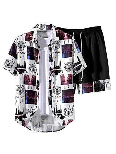 SHENHE Men's 2 Piece Outfits Graphic Button Up Short Sleeve Patchwork Shirt and Shorts Set White and Black M