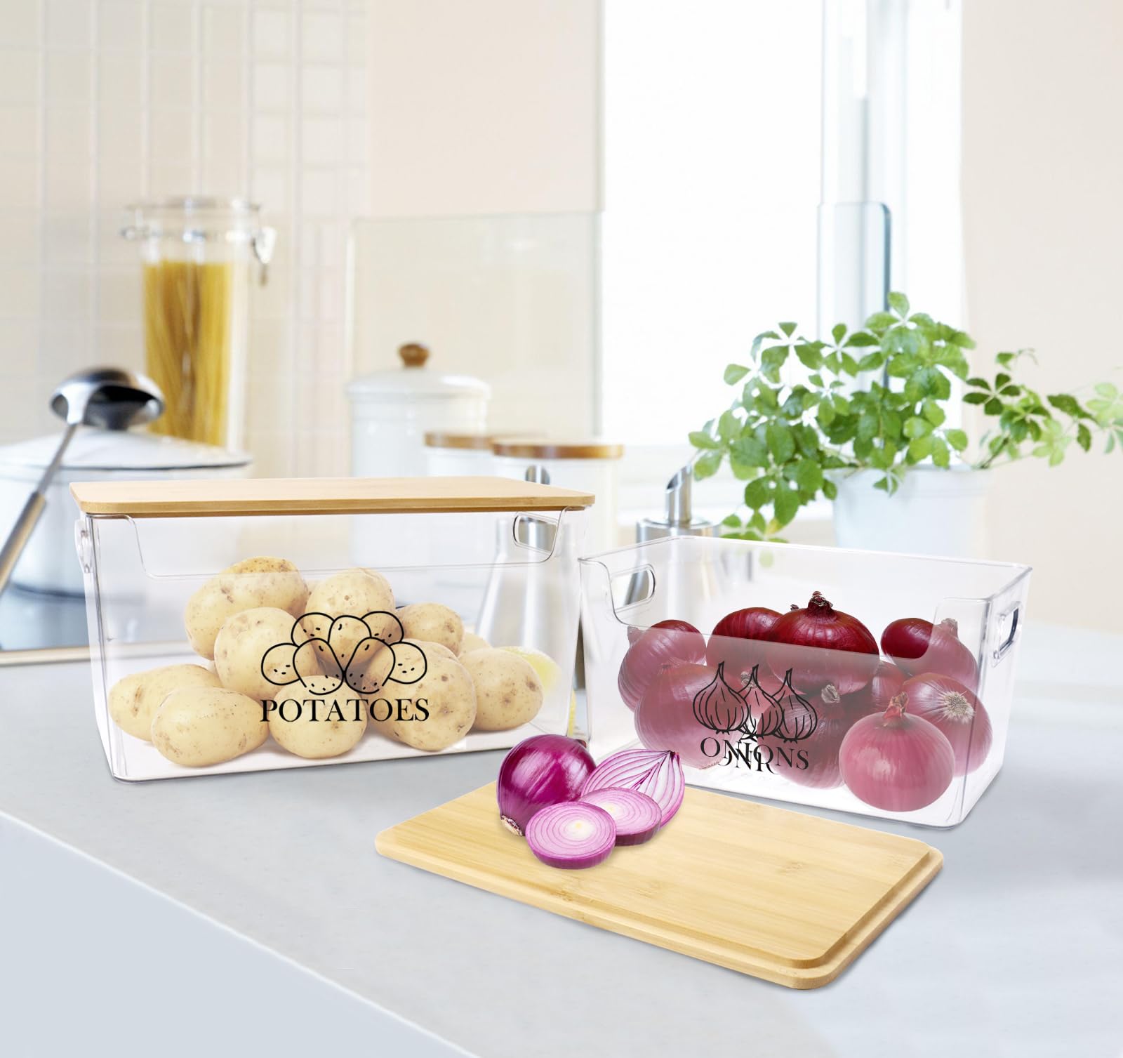 Xbopetda Potato Onion Storage, Potato Bin with Bamboo Lid, Transparent Acrylic Potato Container Onion Keeper, 2 Set Stackable Onion Storage, Pantry Kitchen Counter Organizer for Potatoes Onions-Clear