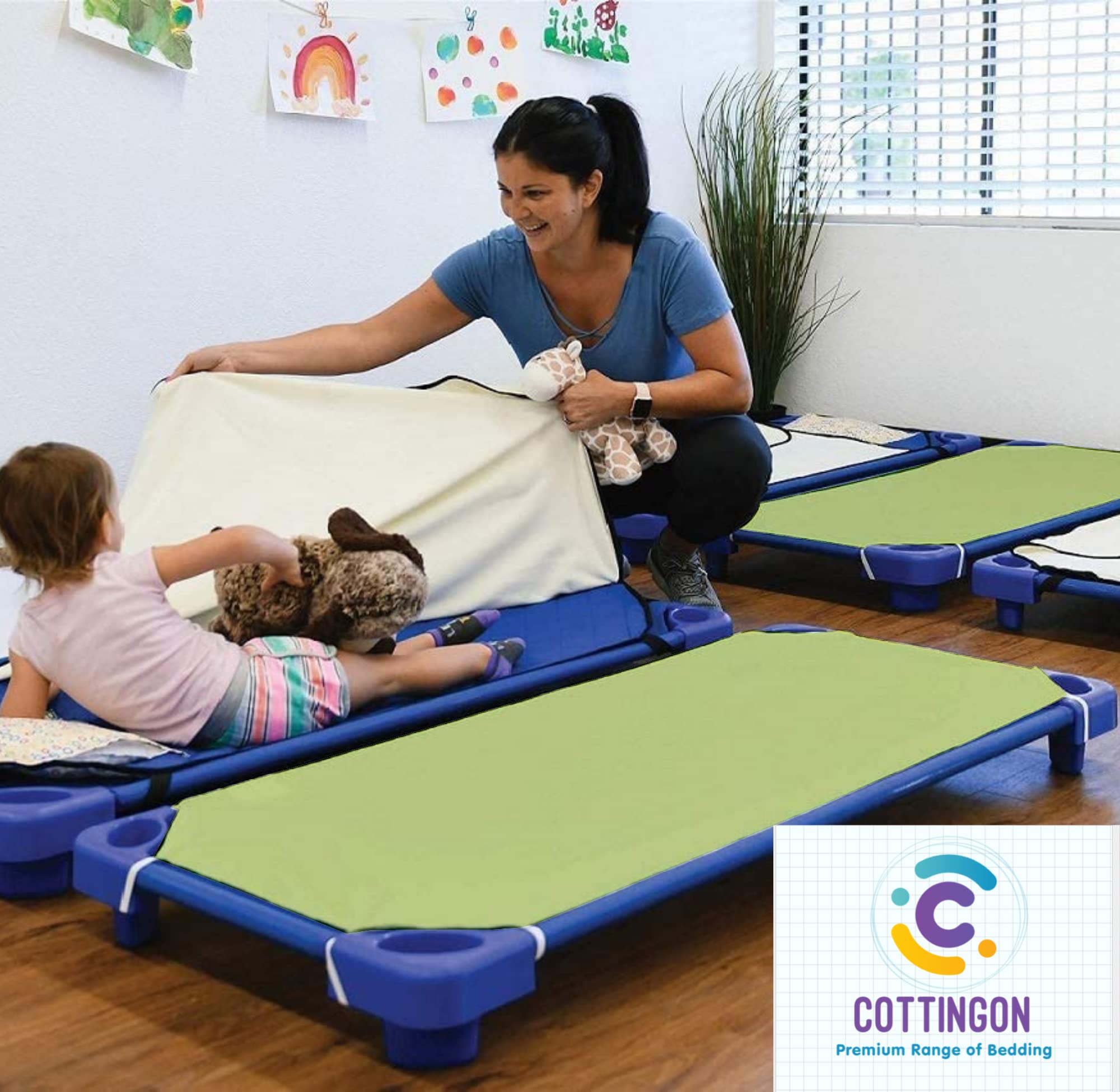 Sheets for Daycare, Preschoolers Cot Bed Fitted Sheet Standard Cot Sheet, Daycare Sheets with Corner Elastic Loops Standard Size, Pack of 12 (23'' W X 52'' L - Sage)