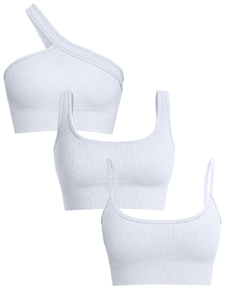 OQQ Women's 3 Piece Medium Support Tank Top Ribbed Exercise Seamless Scoop Neck Sports Bra One Shoulder Tops Crop Tops White