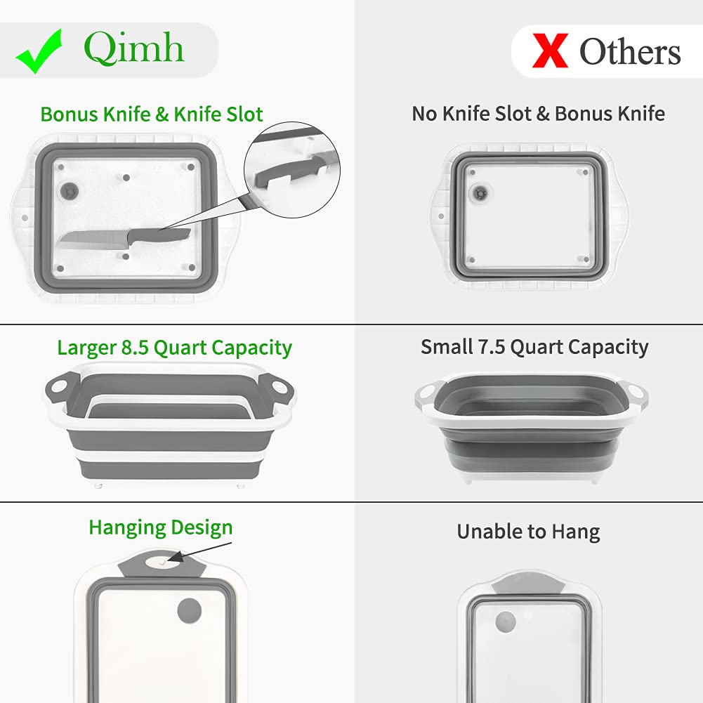 QiMH Collapsible Cutting Board - Foldable Space Saving Multi-function Kitchen Dish Tub and Camping Sink- Washing and Draining Veggies Fruits Food Grade Storage Basket for Picnic, BBQ Prep and Camping