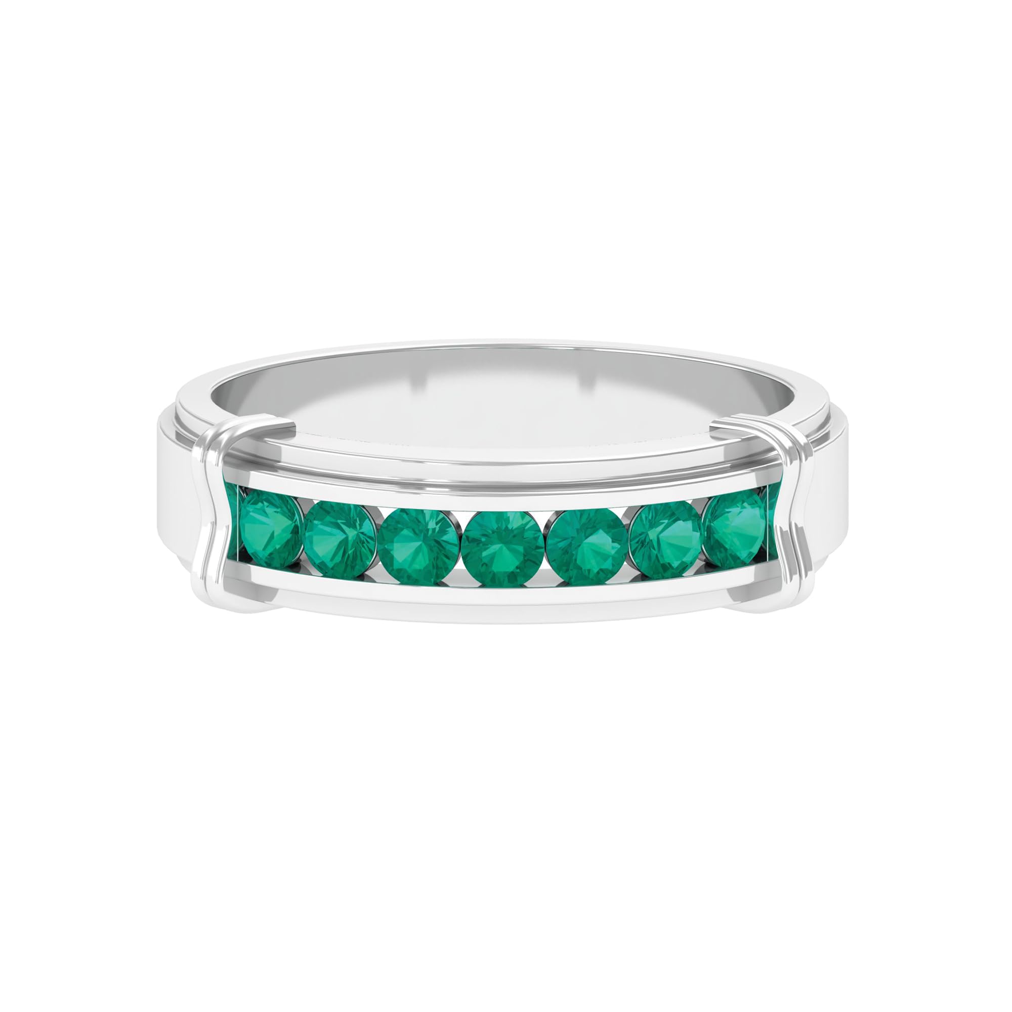 Rosec Jewels Natural Emerald 7 Stone Wedding Band, AAA Quality, Certified Emerald Anniversary Ring - Ready to Gift, 14K White Gold, Size:US 10.00